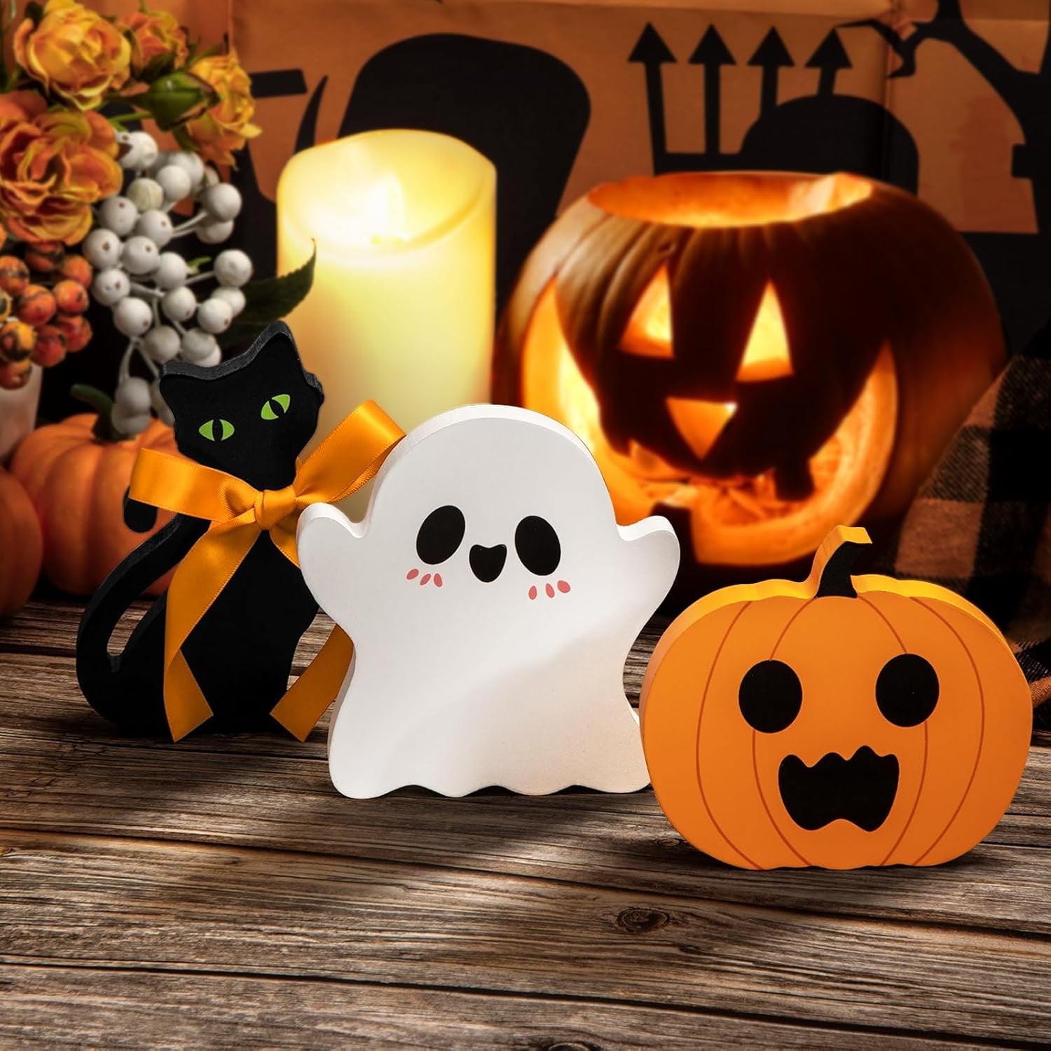 TETOU Cute Ghost Halloween Decorations for Indoor,Wooden Tiered Tray Decor Table Sign with Black ...