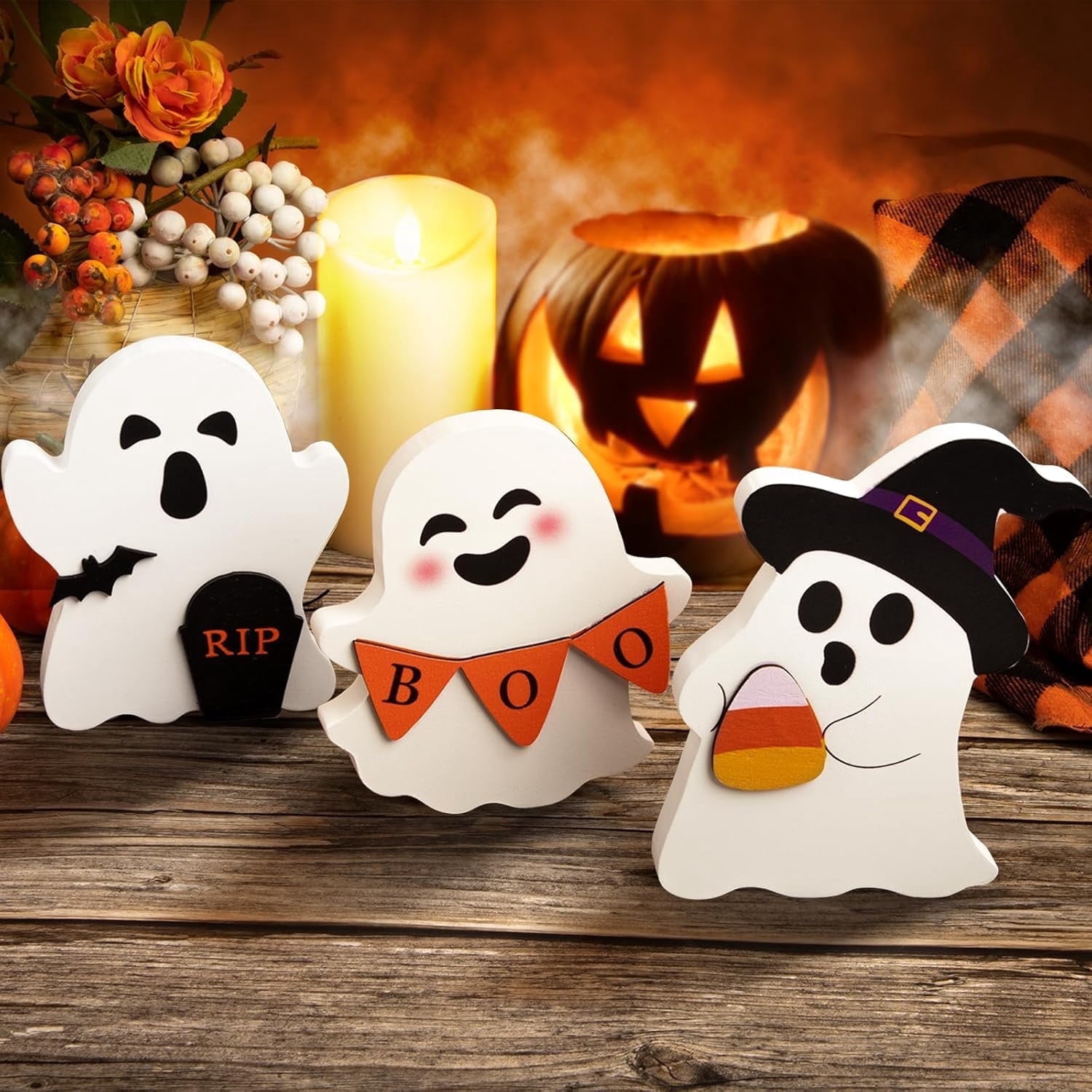 TETOU Cute Ghost Halloween Decorations for Indoor,Wooden Tiered Tray ...