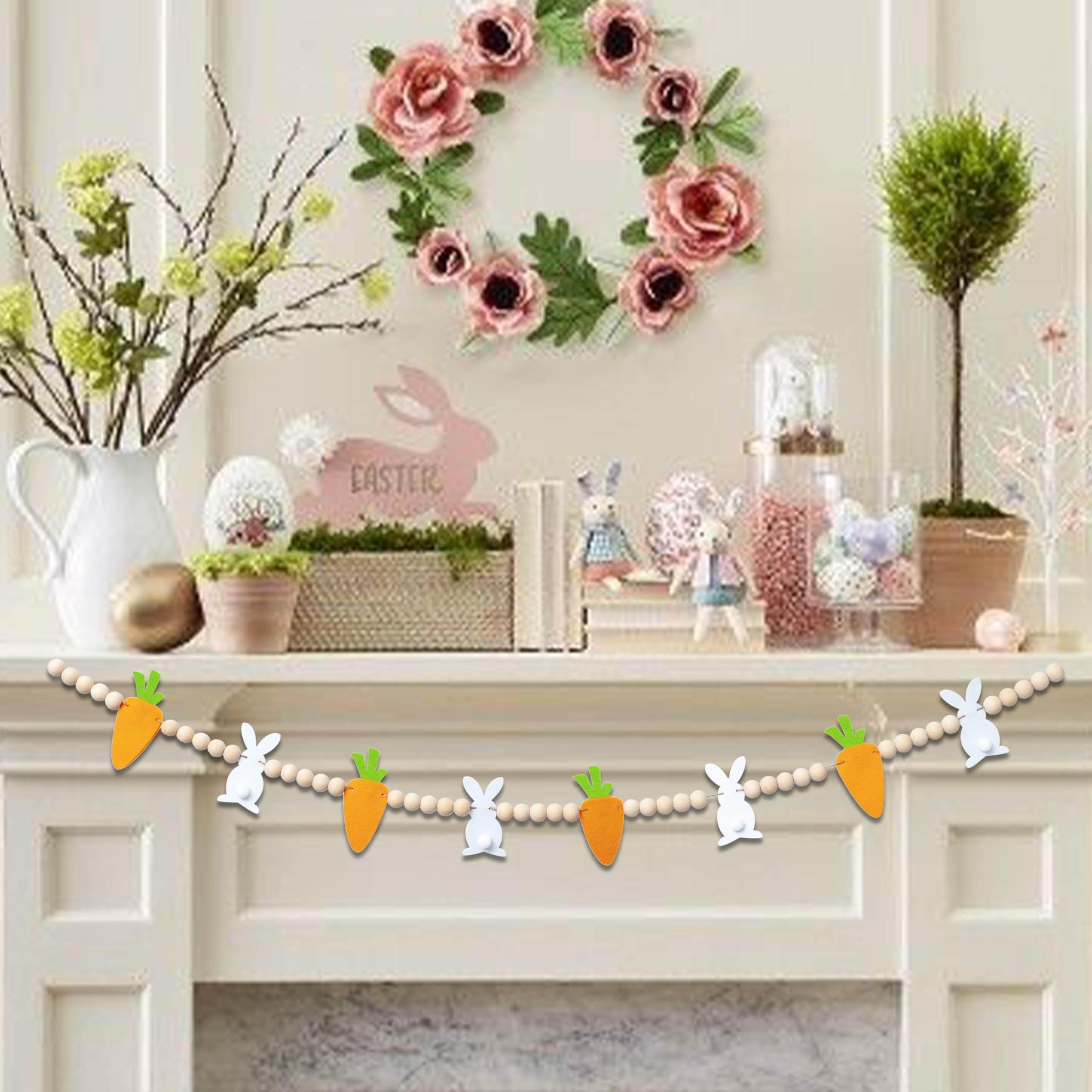 TETOU Easter Garland, Bunnies Carrots Eggs Wooden Breads Banner, Easter ...