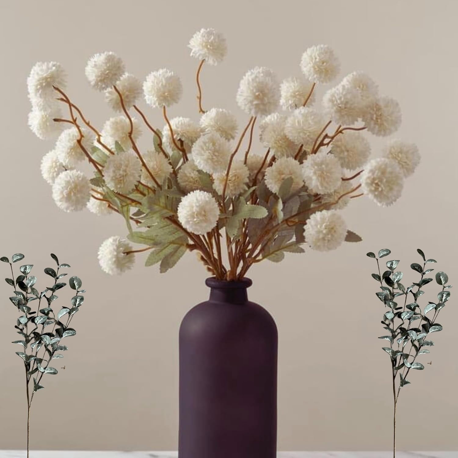 TETOU Faux Kiku Flower White - 10 Stems & 18 Eucalyptus Stems(2 ...