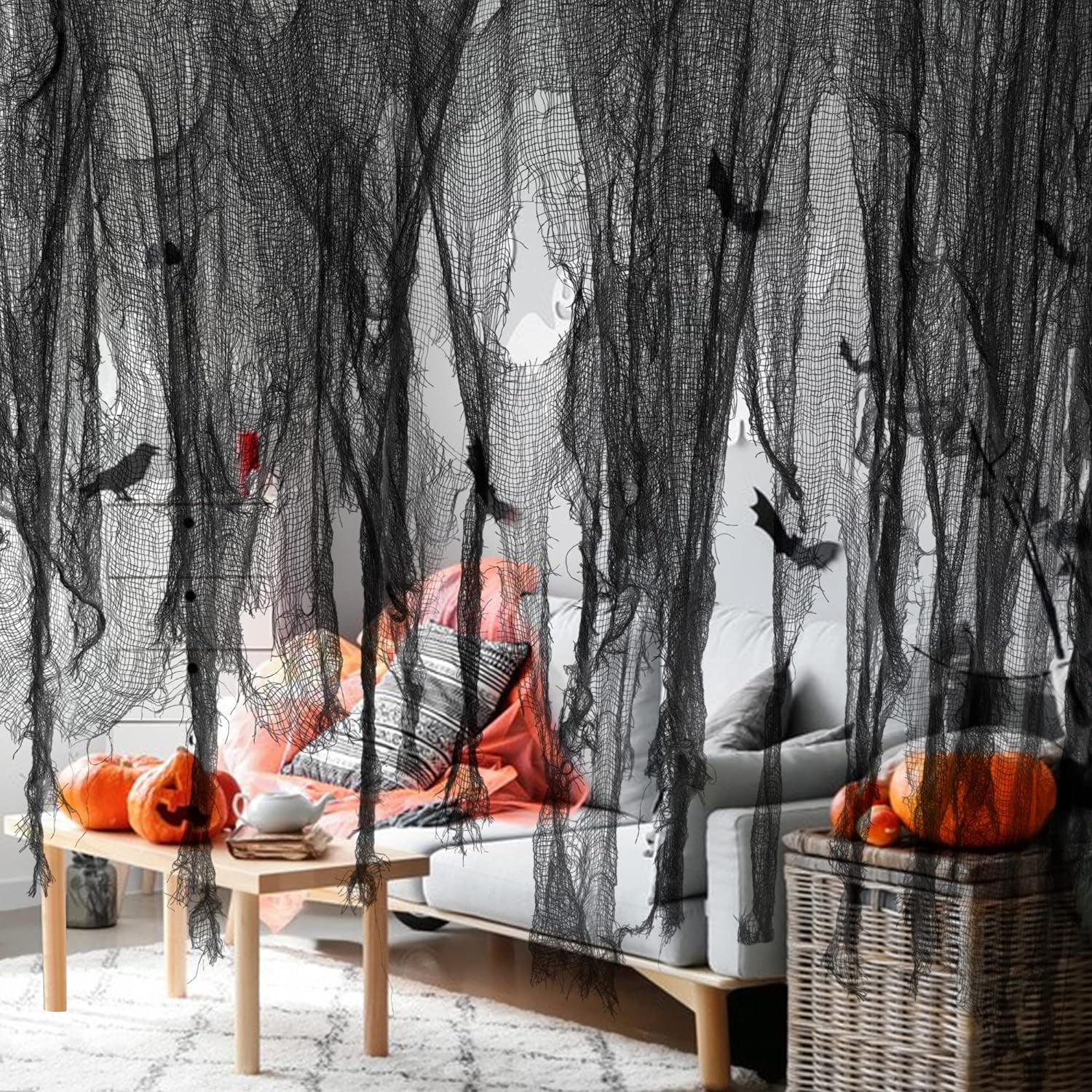 TETOU Hallowe'en Spooky Cloth, Large Black Scary Creepy Gauze, Windows ...