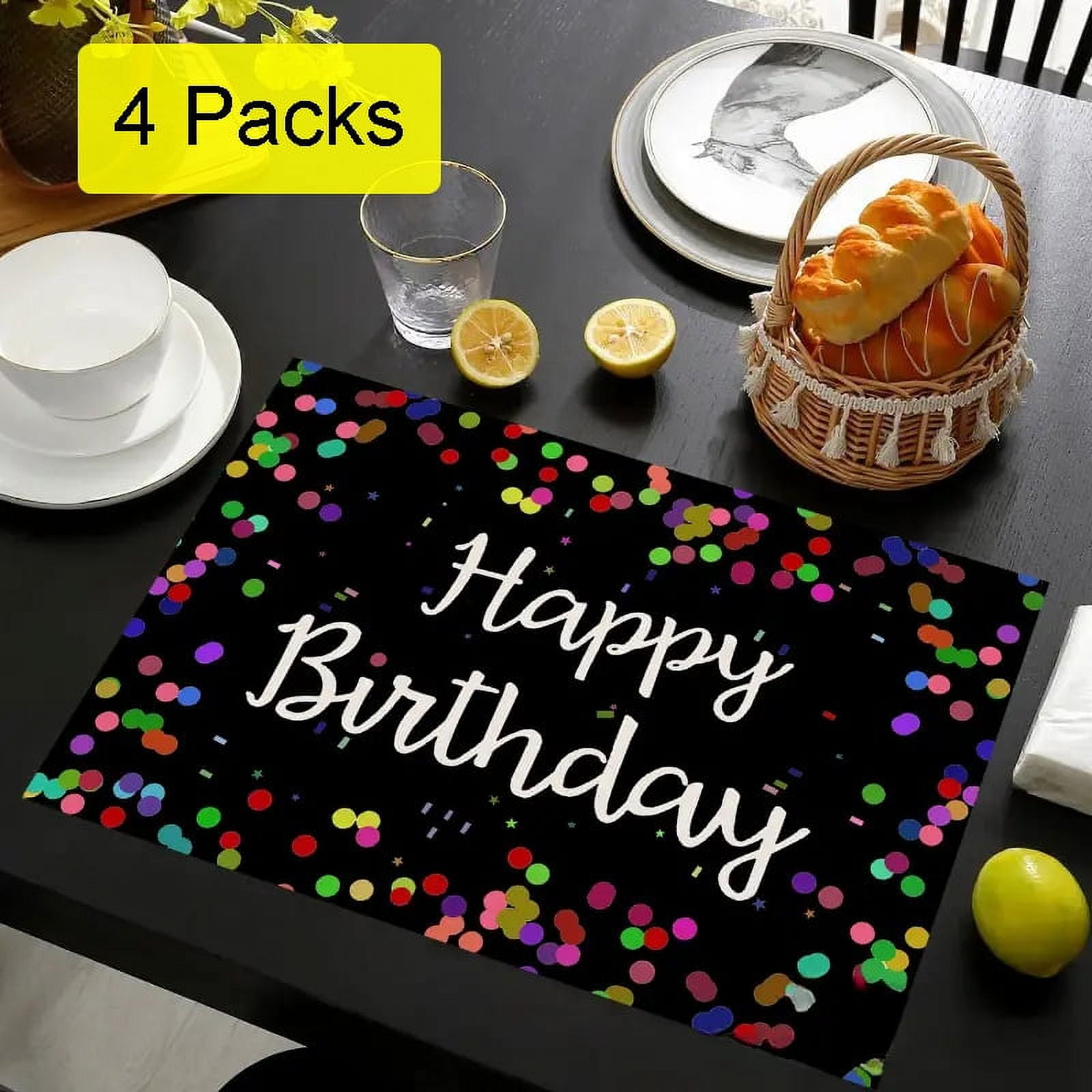 TETOU Happy Birthday Placemat 17.7" Black Linen Placemats for Celebrate ...