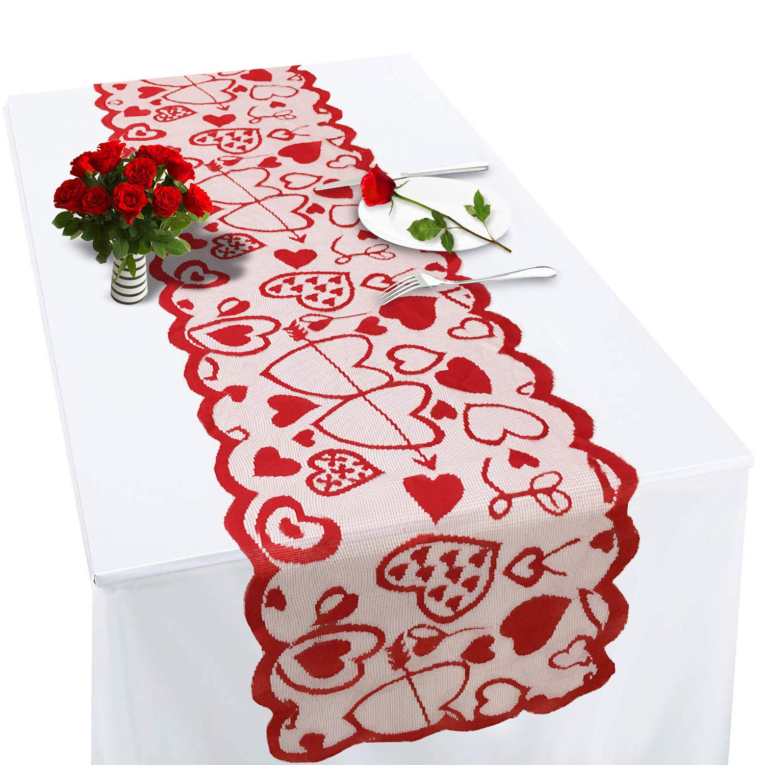 TETOU Valentine's Day Table Runner 72" Romantic Red Lace Heart ...
