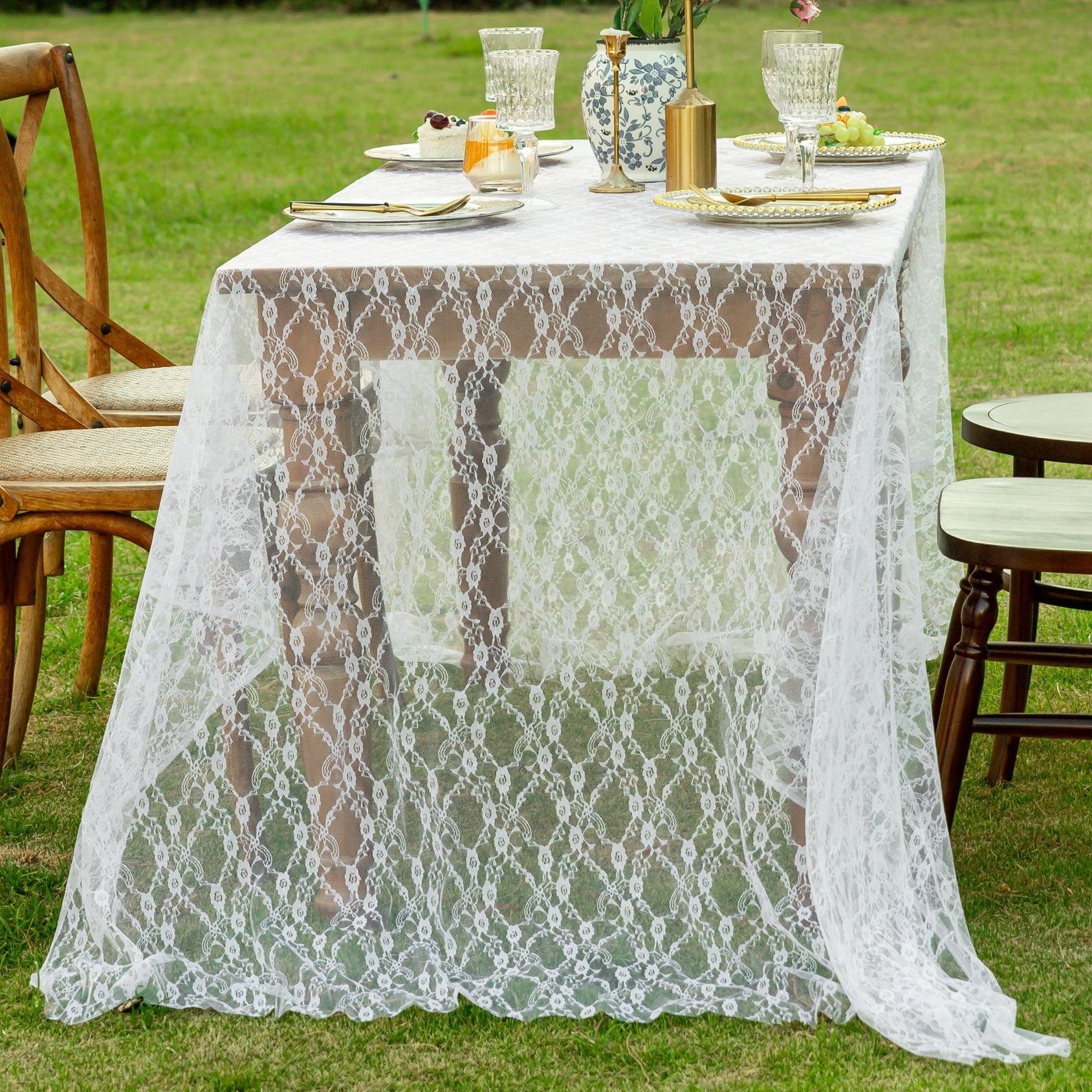 TETOU White Lace Tablecloth,60 × 120 Inch Rectangle Vintage Embroidered Table Cover for Spring ...