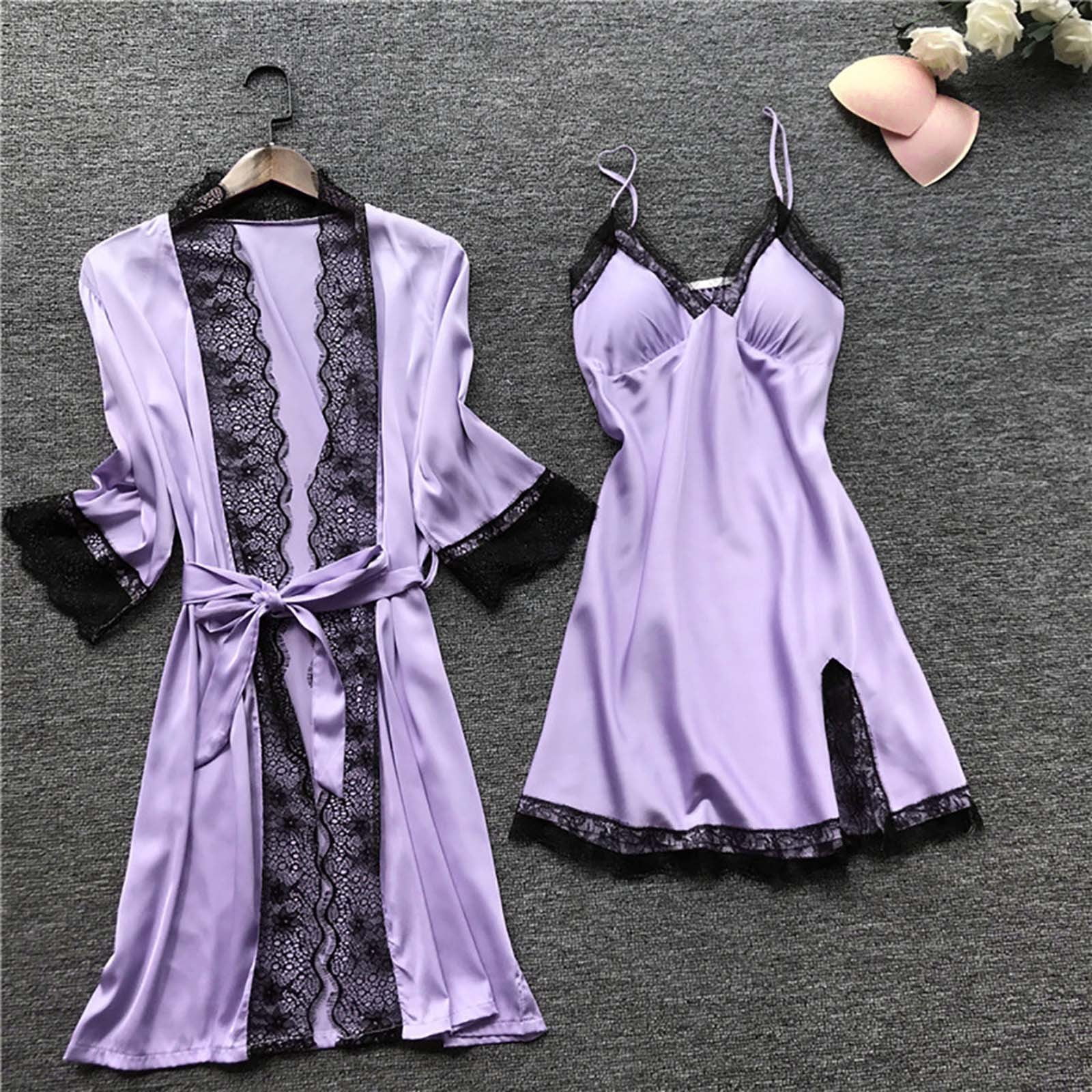 TEVEQ Satin Pajama Sets for Women 4 Piece Sleepwear Cami Lace Pjs Set ...