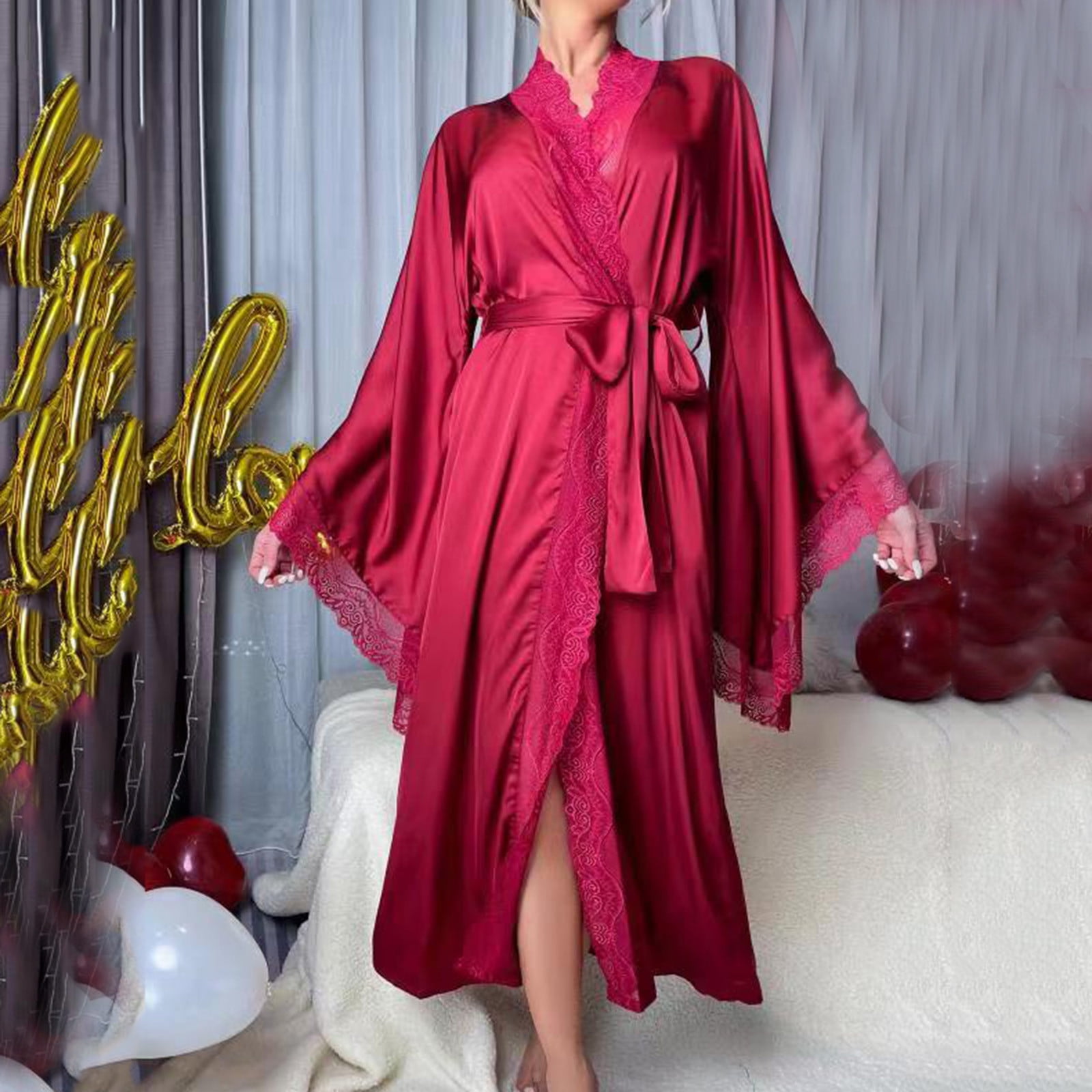 TEVEQ Satin Robes for Women Long Sleeve Silk Bathrobe Soft Lightweight ...