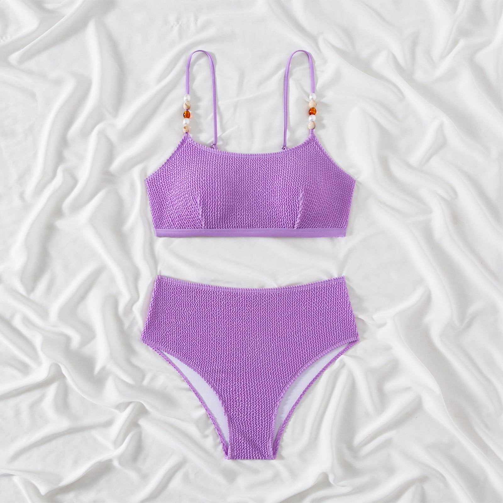 TEVEQ Women's Ribbed Bikini Sets Neck Swimsuit Textured Two Piece ...