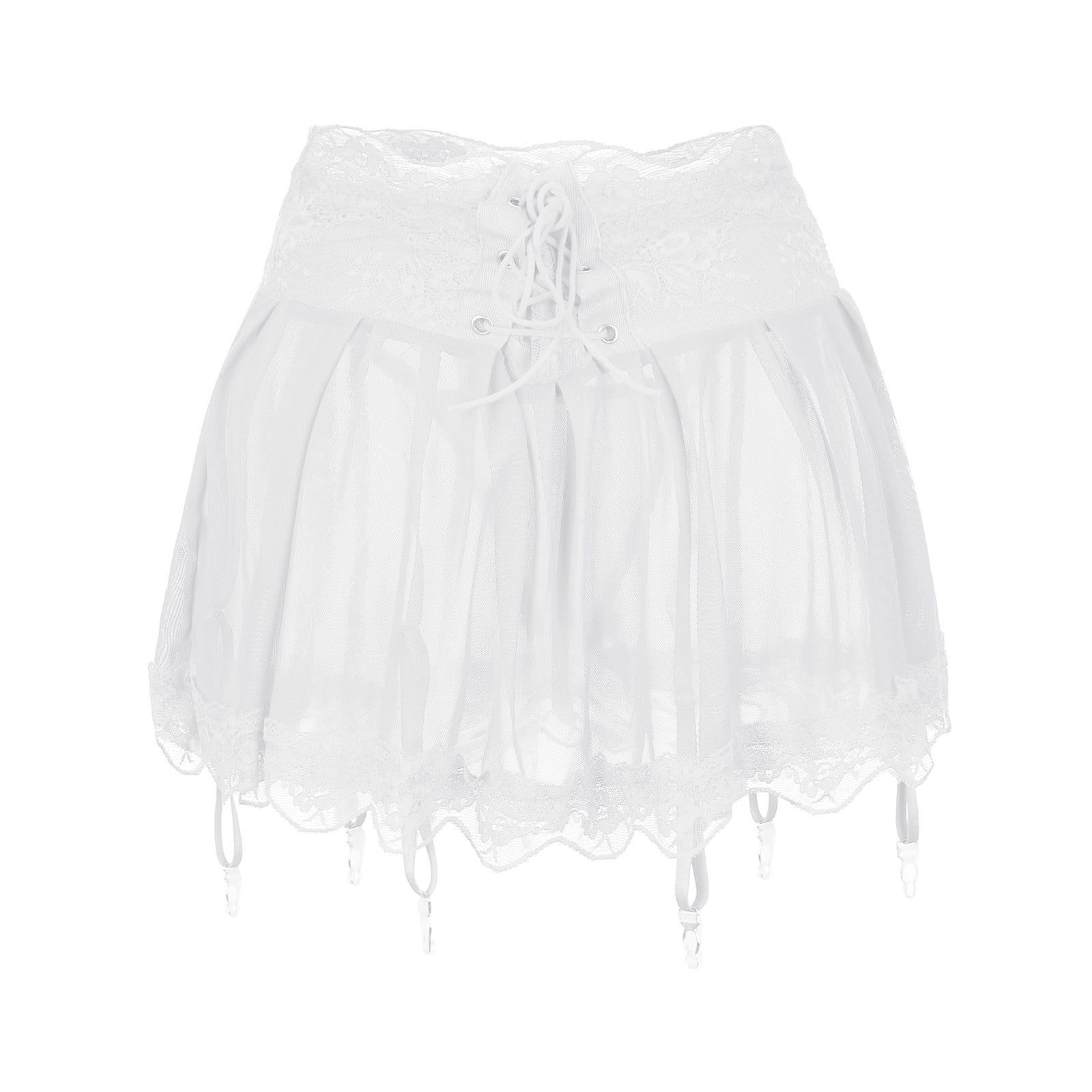 TEVEQ Women's Sleepwear Mini Skirt with Garters Belt Strappy Lace Trim ...