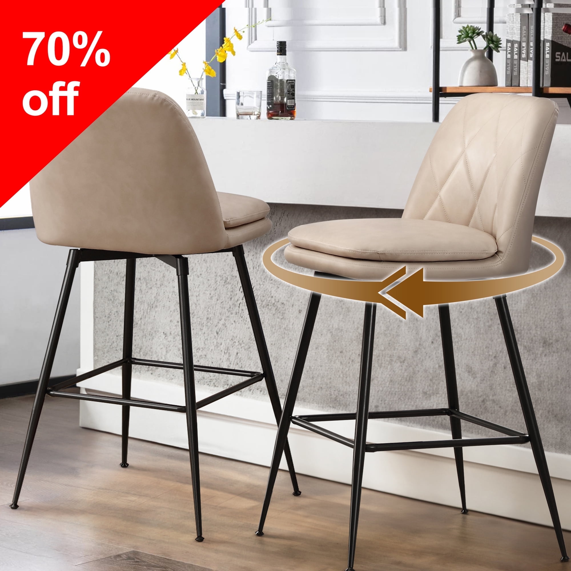 TEWLOSS 24" Counter Height Bar Stools Set of 2 Swivel Barstools Faux ...