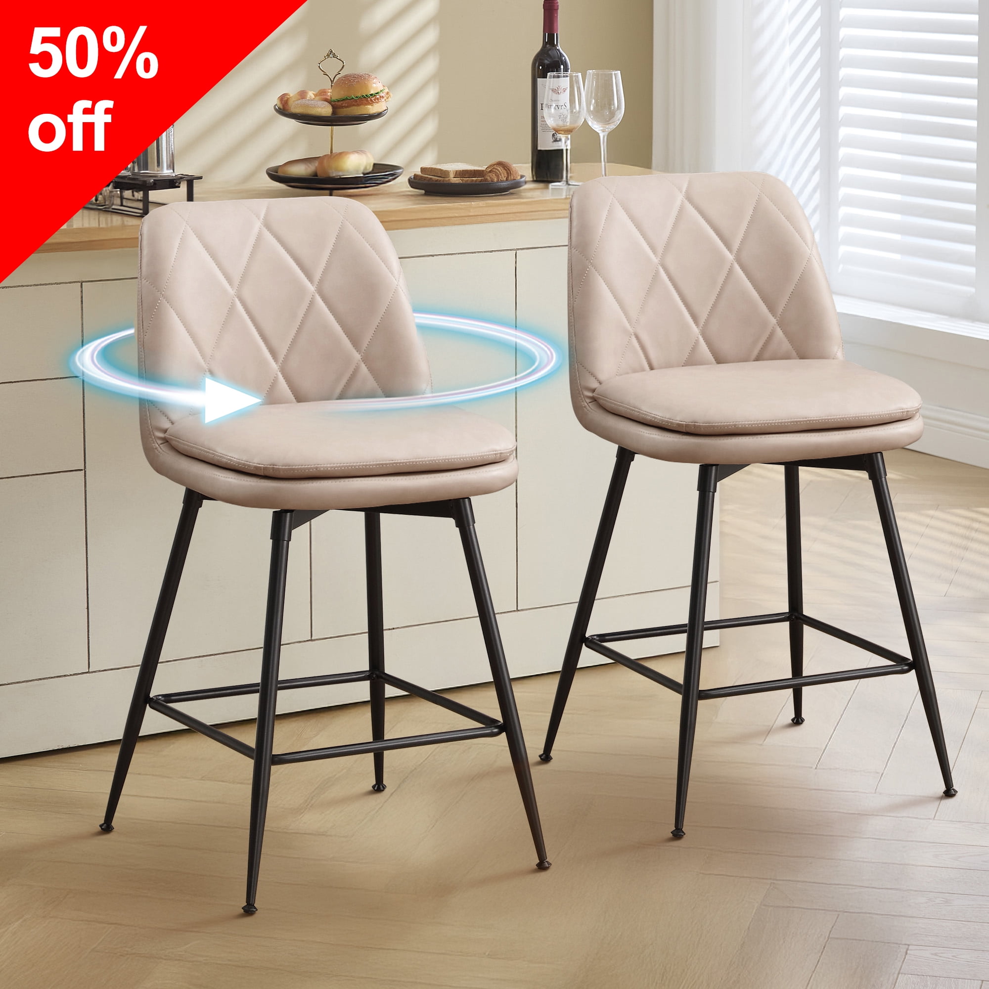TEWLOSS 28" Bar Stools Set of 2 Swivel Barstools Faux Leather Kitchen ...