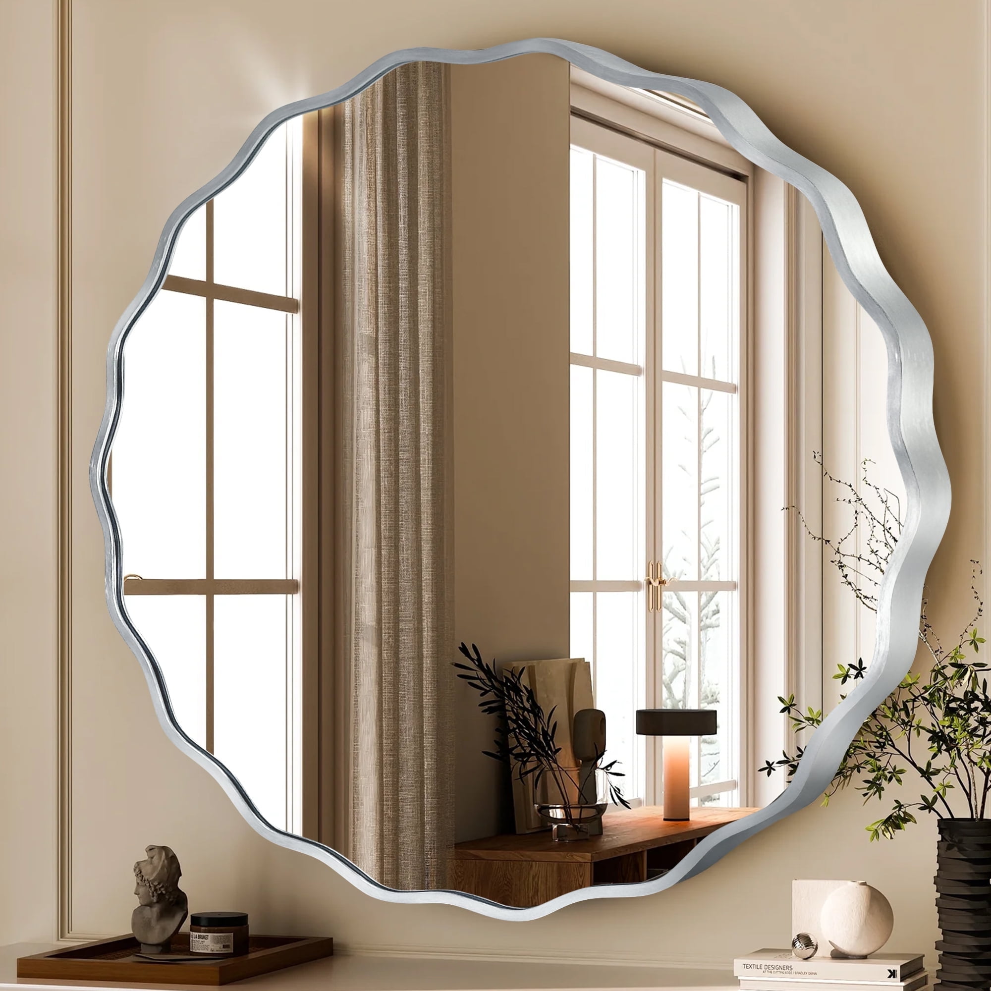 TEWLOSS 32inch Round Wavy Wall Mirror, Silver Metal Frame for Bathroom ...