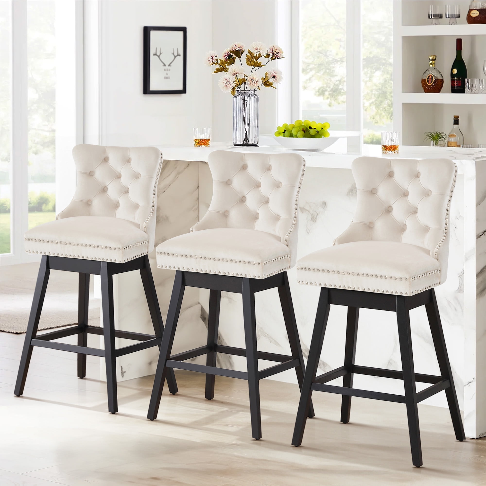 TEWLOSS Bar Stools Set of 3 Swivel 30" Velvet Barstools for Kitchen ...