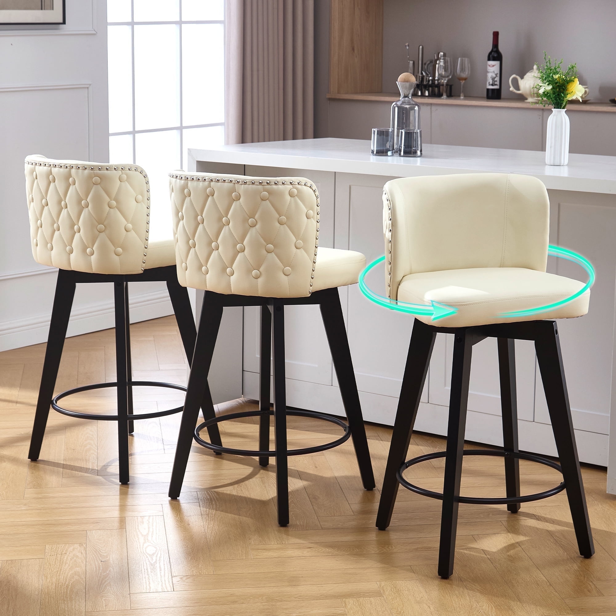 TEWLOSS 3 Beige Counter Stools 27.5" - Swivel PU Leather with Tufted ...