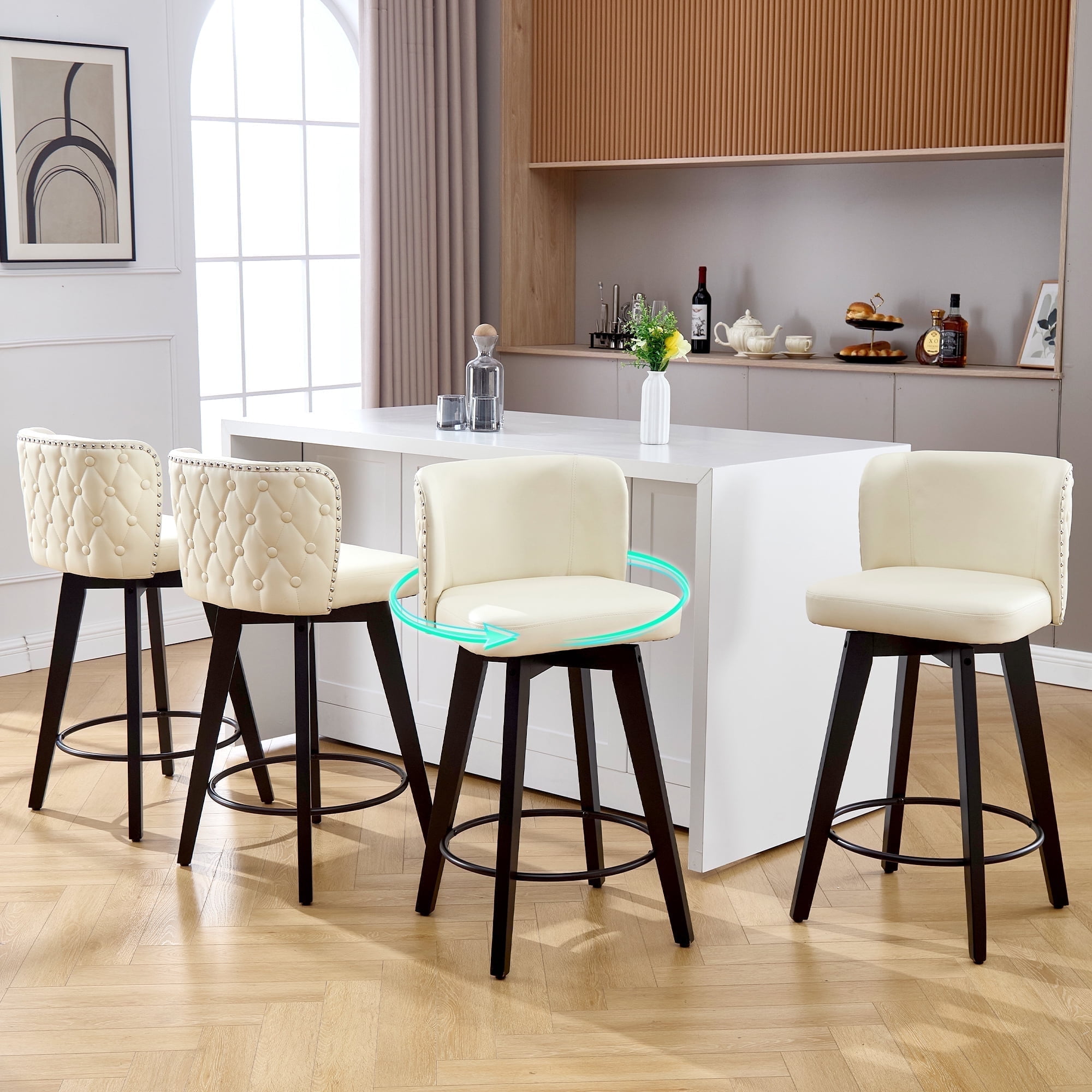 TEWLOSS 4 Beige Counter Stools Set 27.5" - Swivel PU Leather, Tufted ...