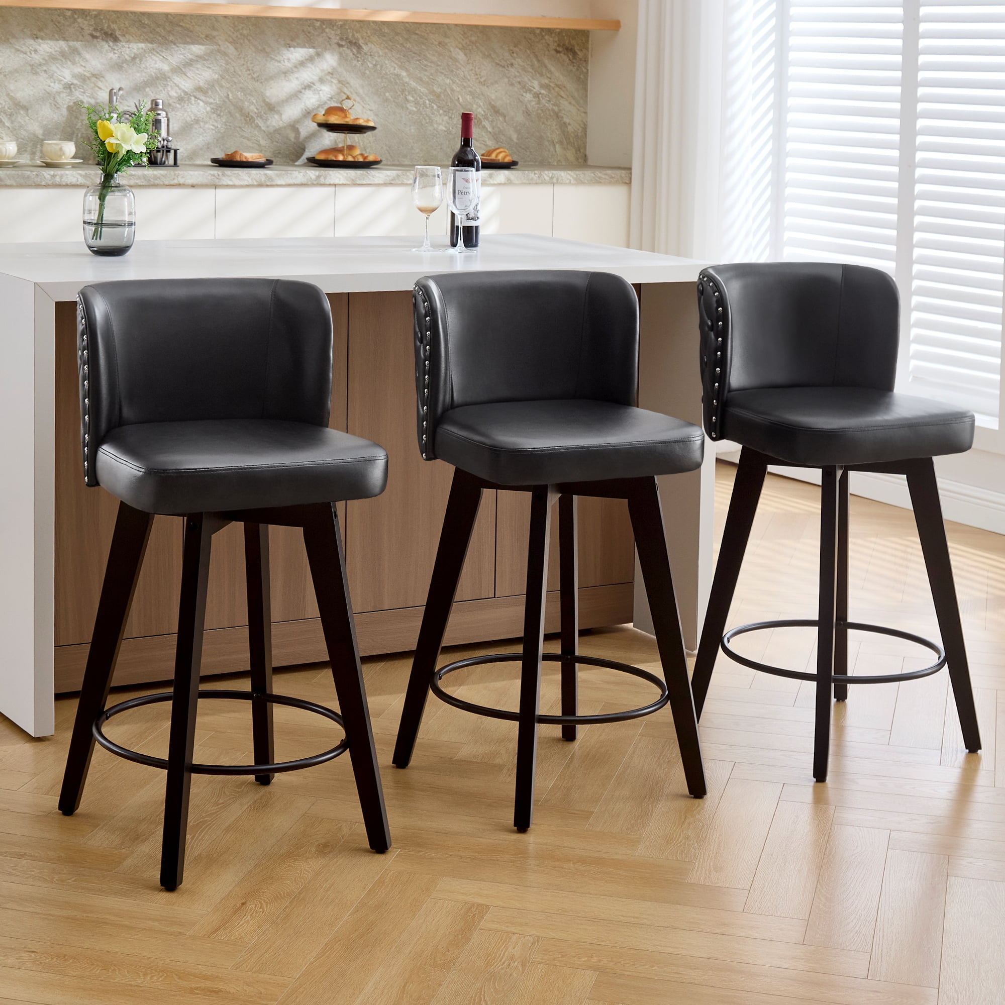 TEWLOSS Black Swivel Bar Stools with Back Faux Leather Button Tufted ...