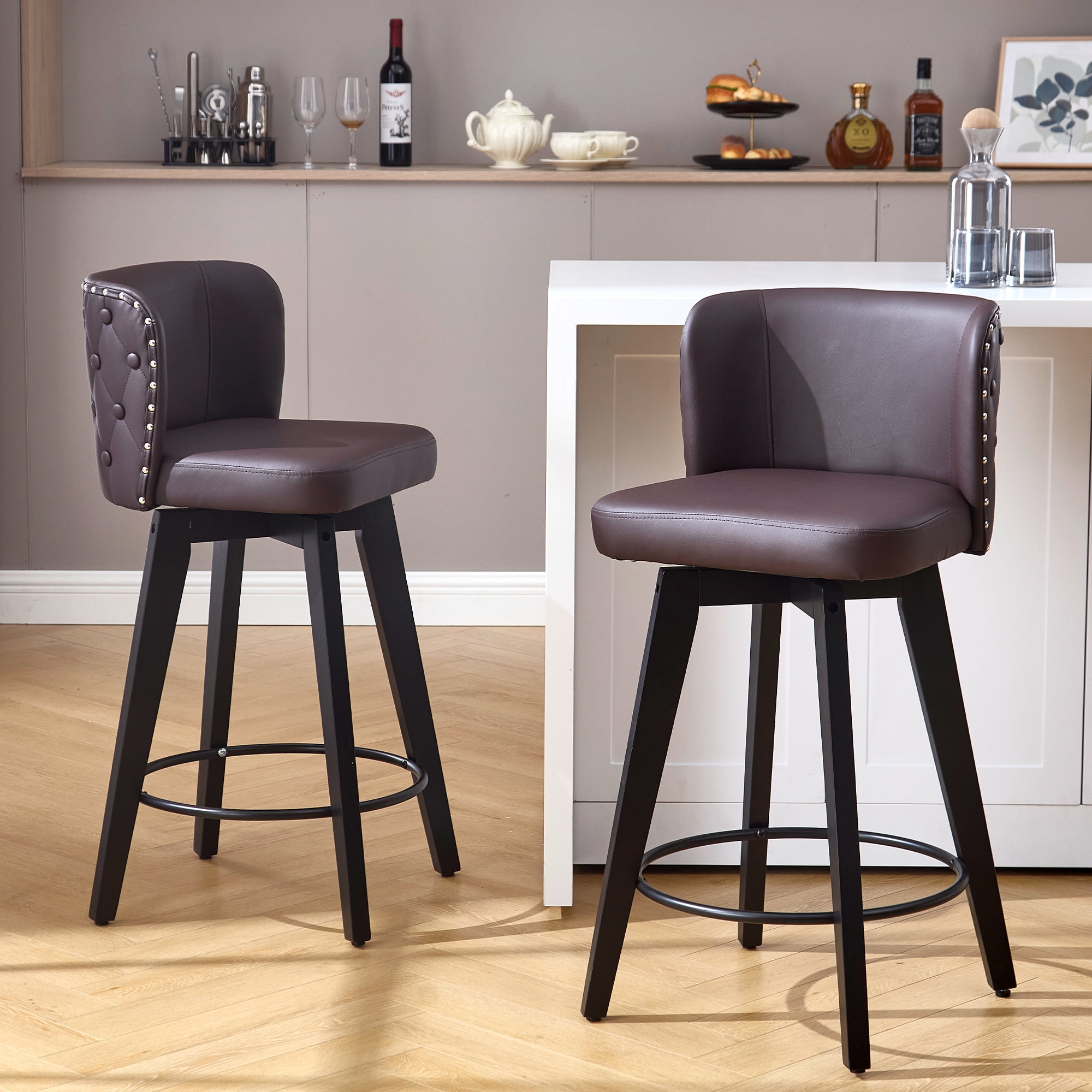 TEWLOSS Brown Swivel Bar Stools with Back Faux Leather Button Tufted ...