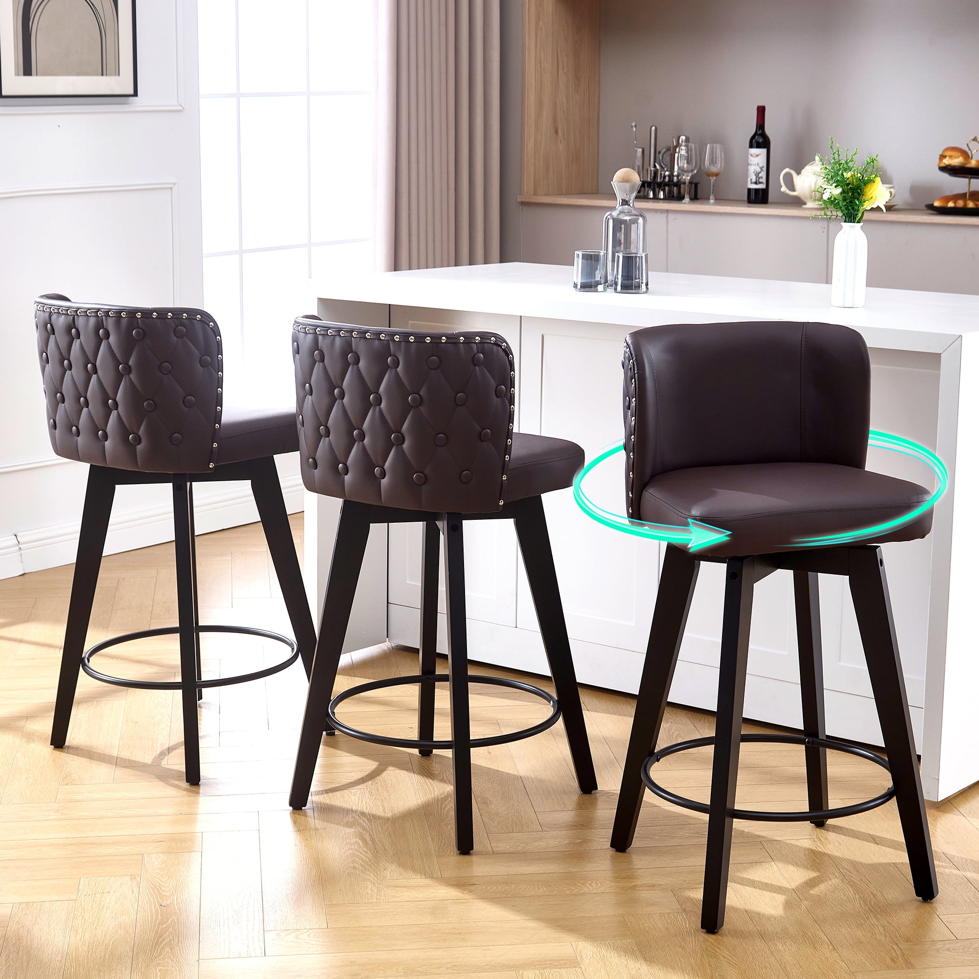 TEWLOSS 3 Brown Counter Stools 27.5" - Swivel PU Leather with Tufted ...