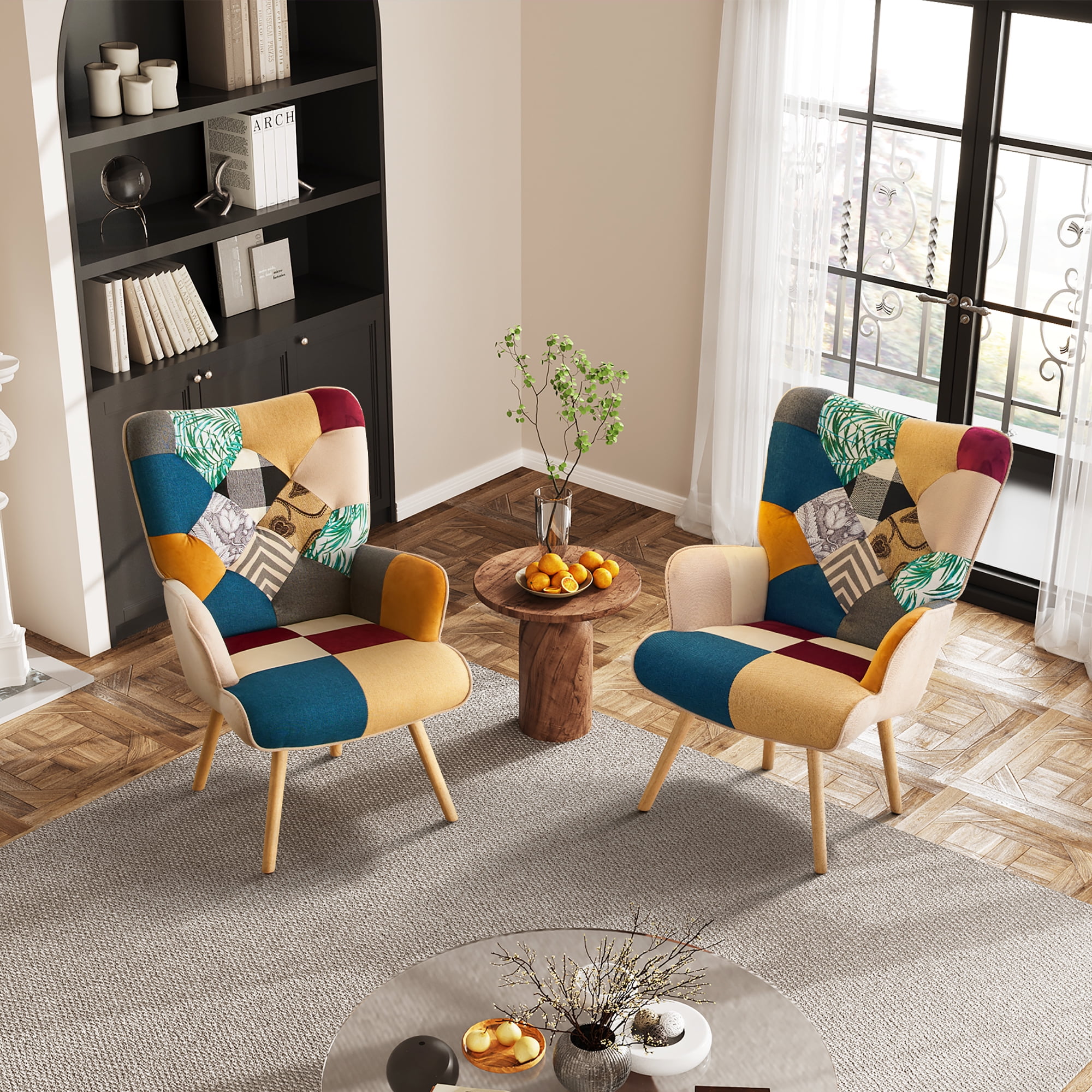 AUSTUFF Wood Arm Decorative Patchwork Accent Chairs, Set of 2, Boho ...