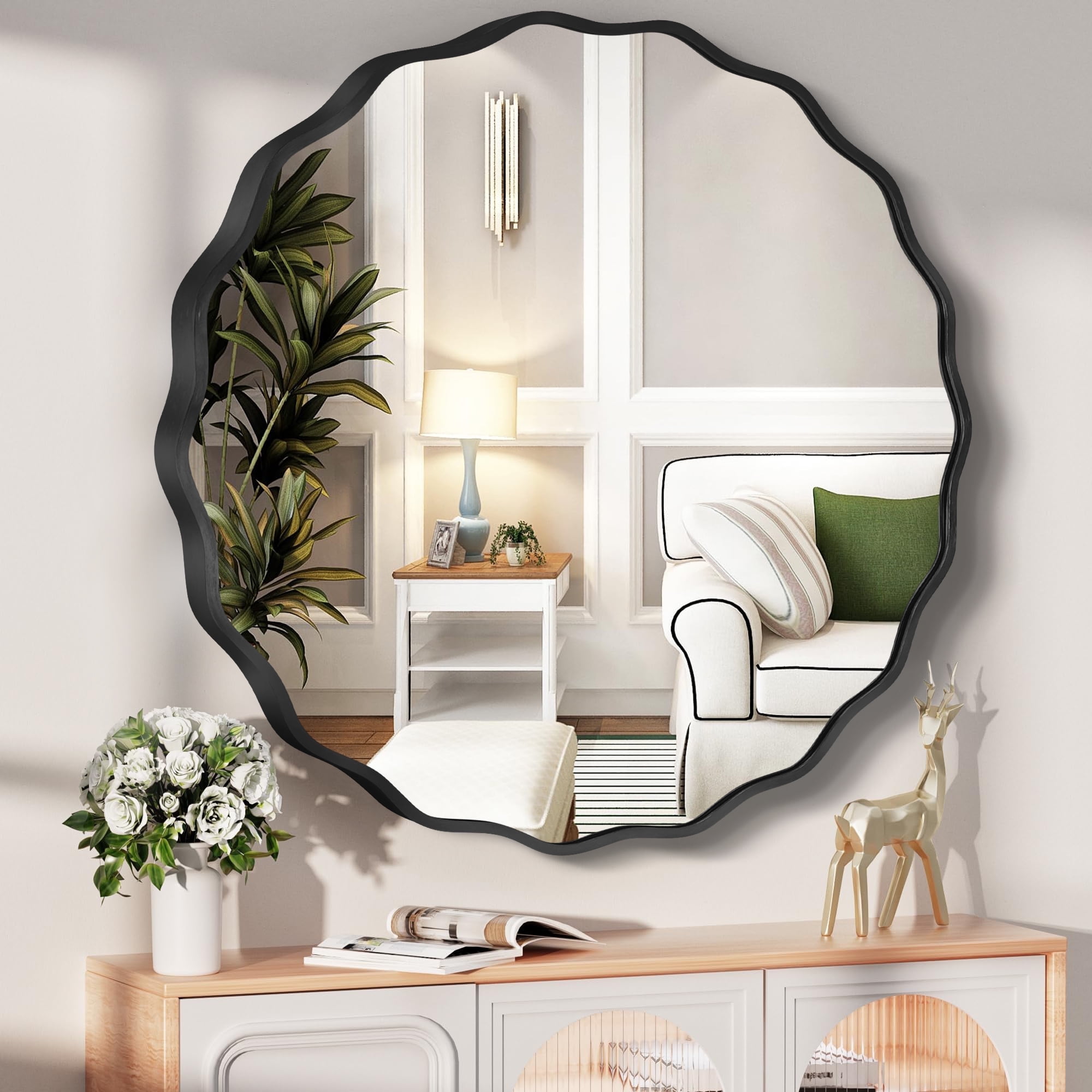 TEWLOSS Round Mirrors Wall Mirror 24" Wavy Mirror for Bathroom Black ...
