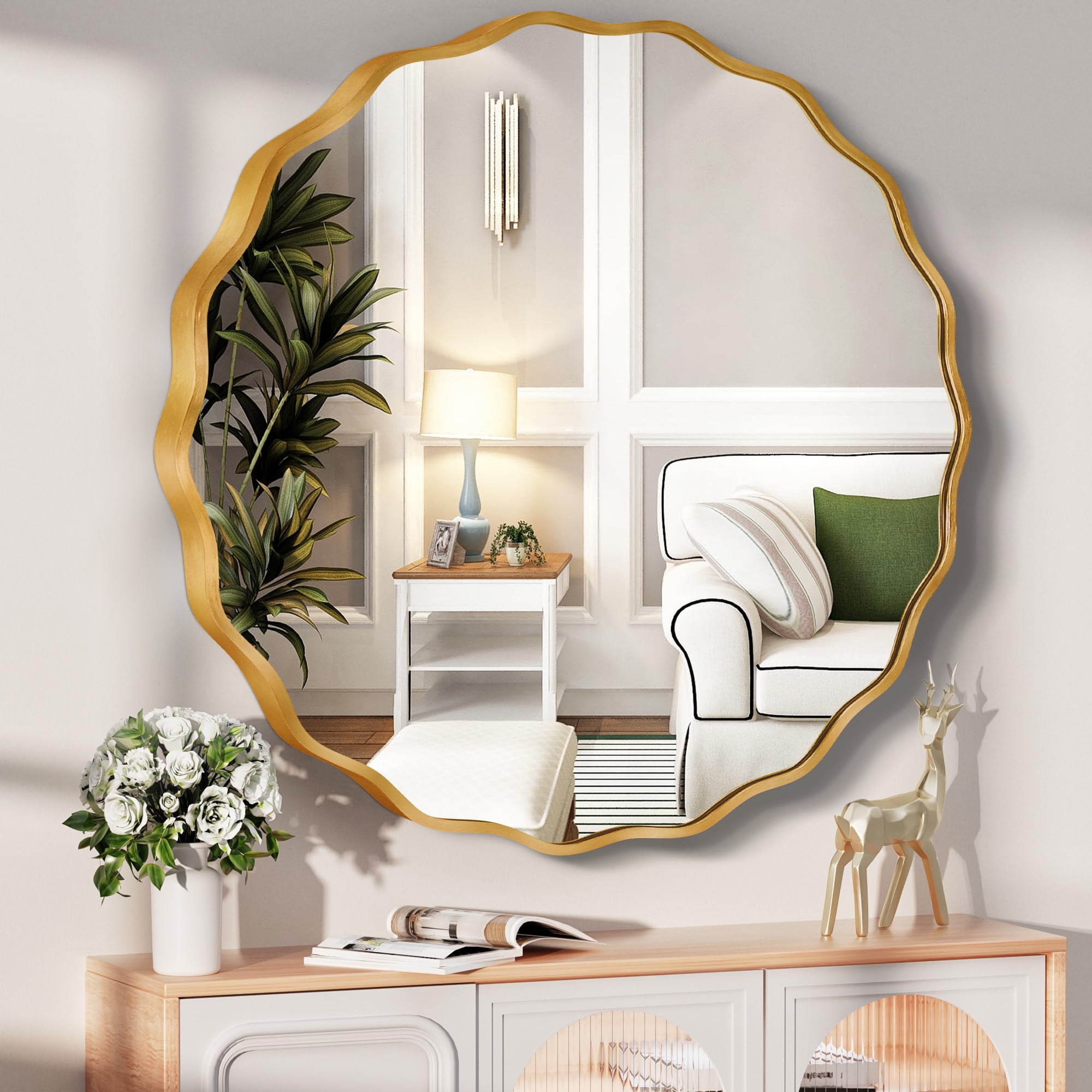 TEWLOSS Round Mirrors Wall Mirror 24" Wavy Mirror for Bathroom Gold ...