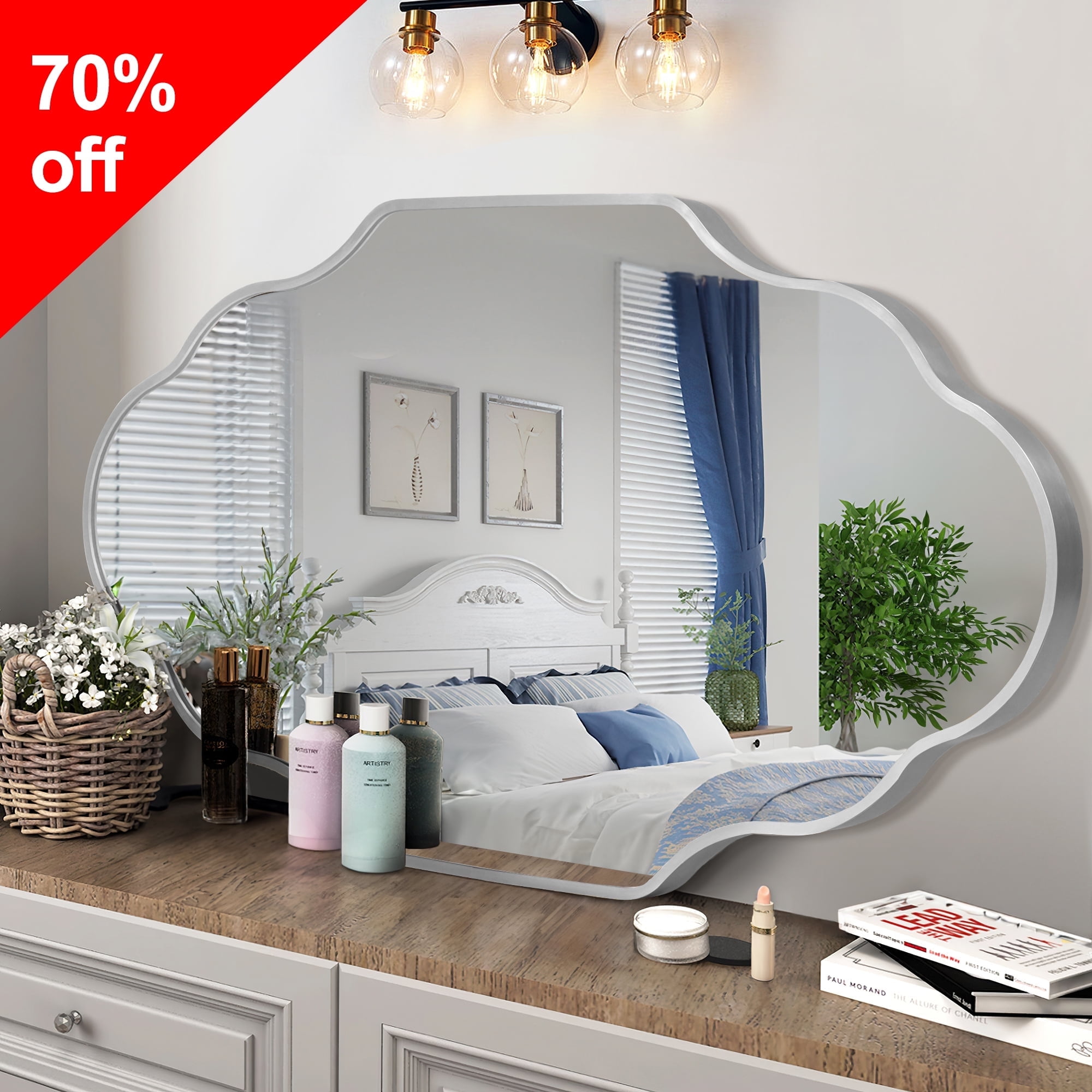 TEWLOSS Scalloped Bathroom Mirrors Wall Mirror, 46"x26" Silver Aluminum ...