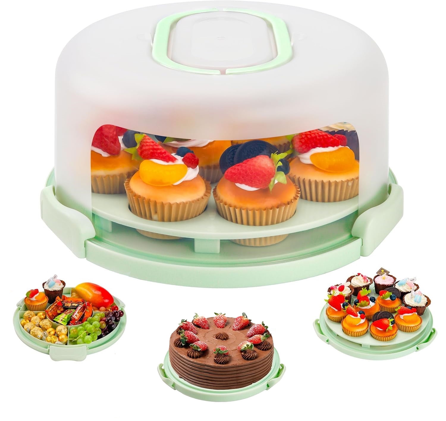 TEXIJUSO Green Cake Containers with Lids Round Plastic Cupcake Holders ...