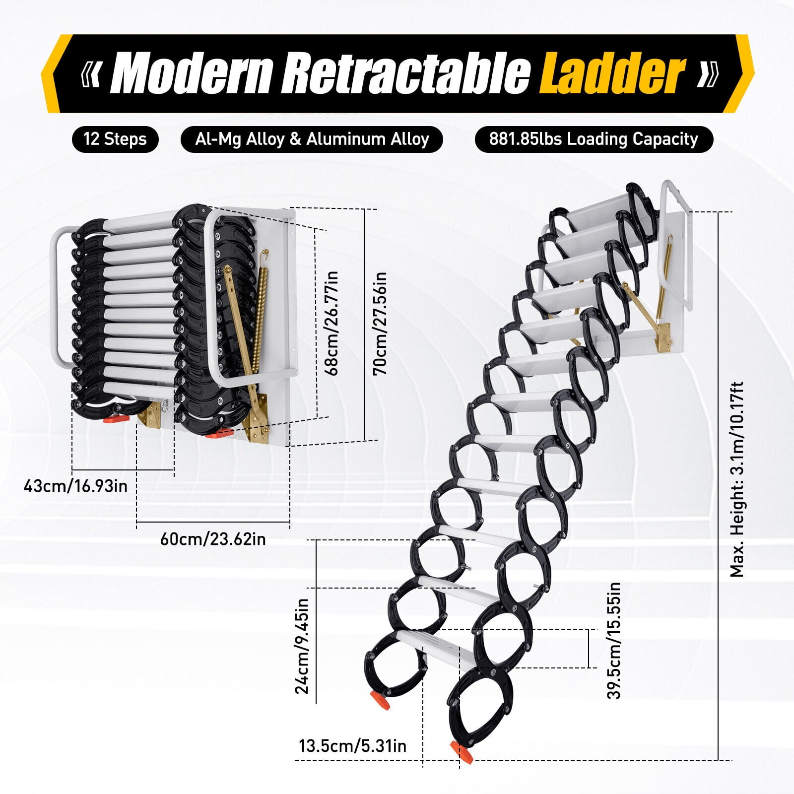 TFCFL 12 Steps Retractable Attic Ladder 10-12ft Folding Loft Ladder ...