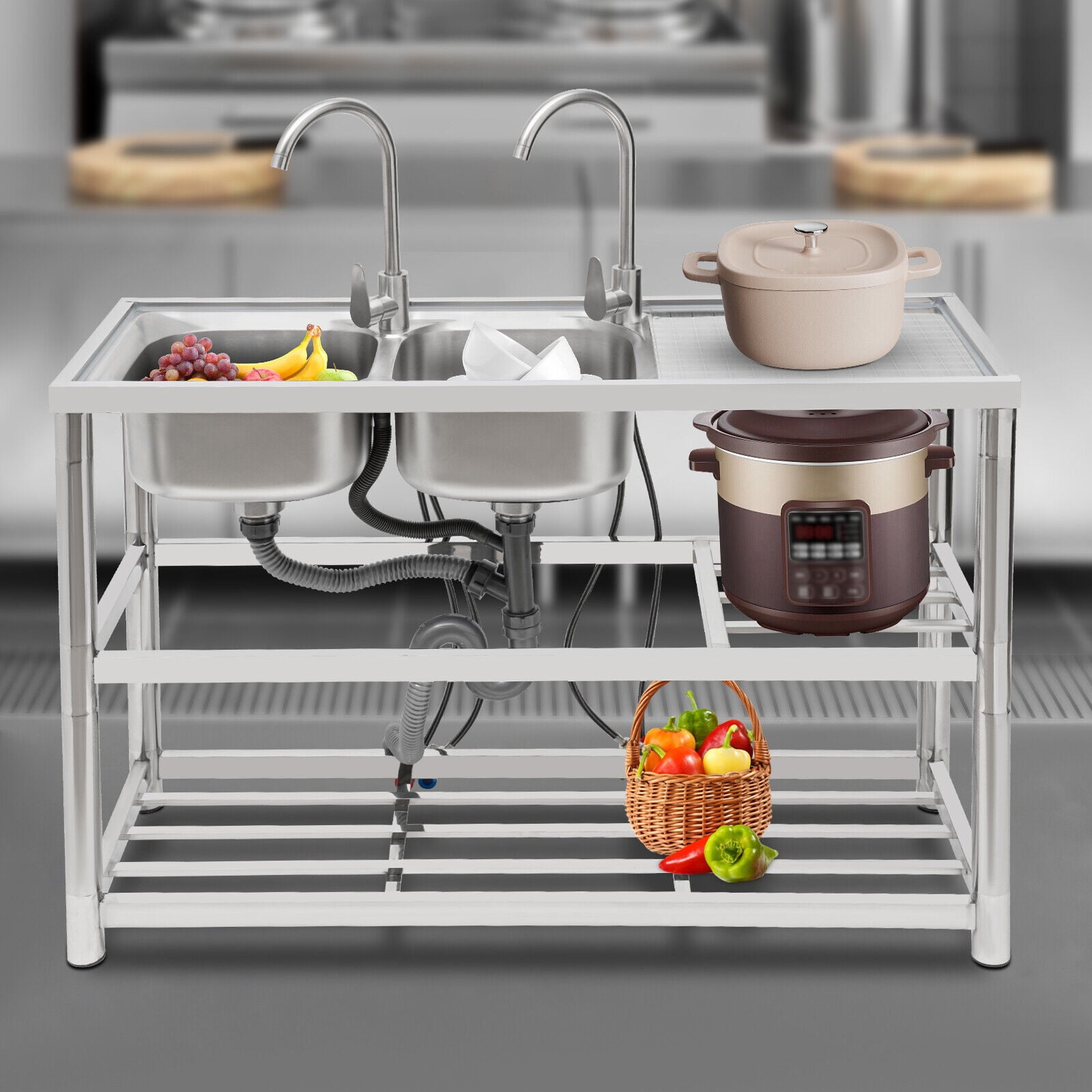 TFCFL 2-Compartment Commercial Kitchen Sink Prep Table with 2x Faucet ...