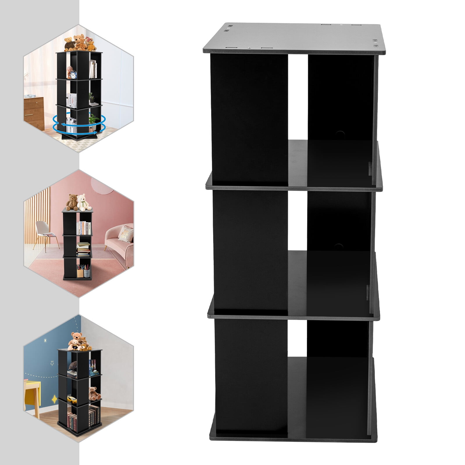 TFCFL 3 Layers 360° Rotating Bookshelf Display Stand FreeStanding Wood ...