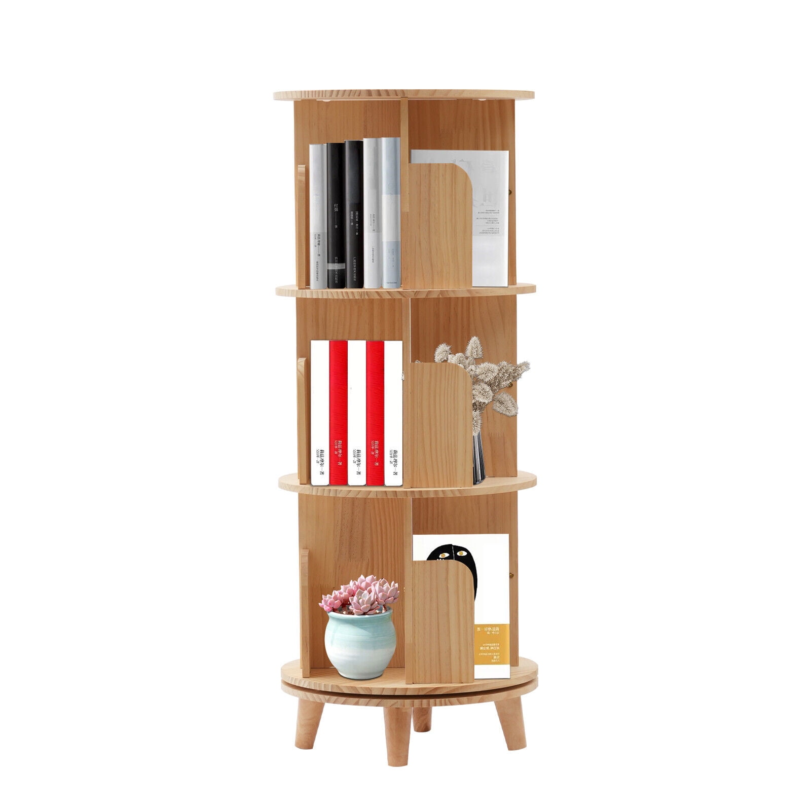 TFCFL 3 Tier 360° Rotating Bookshelf Wood Bookcase Storage Stand Book ...