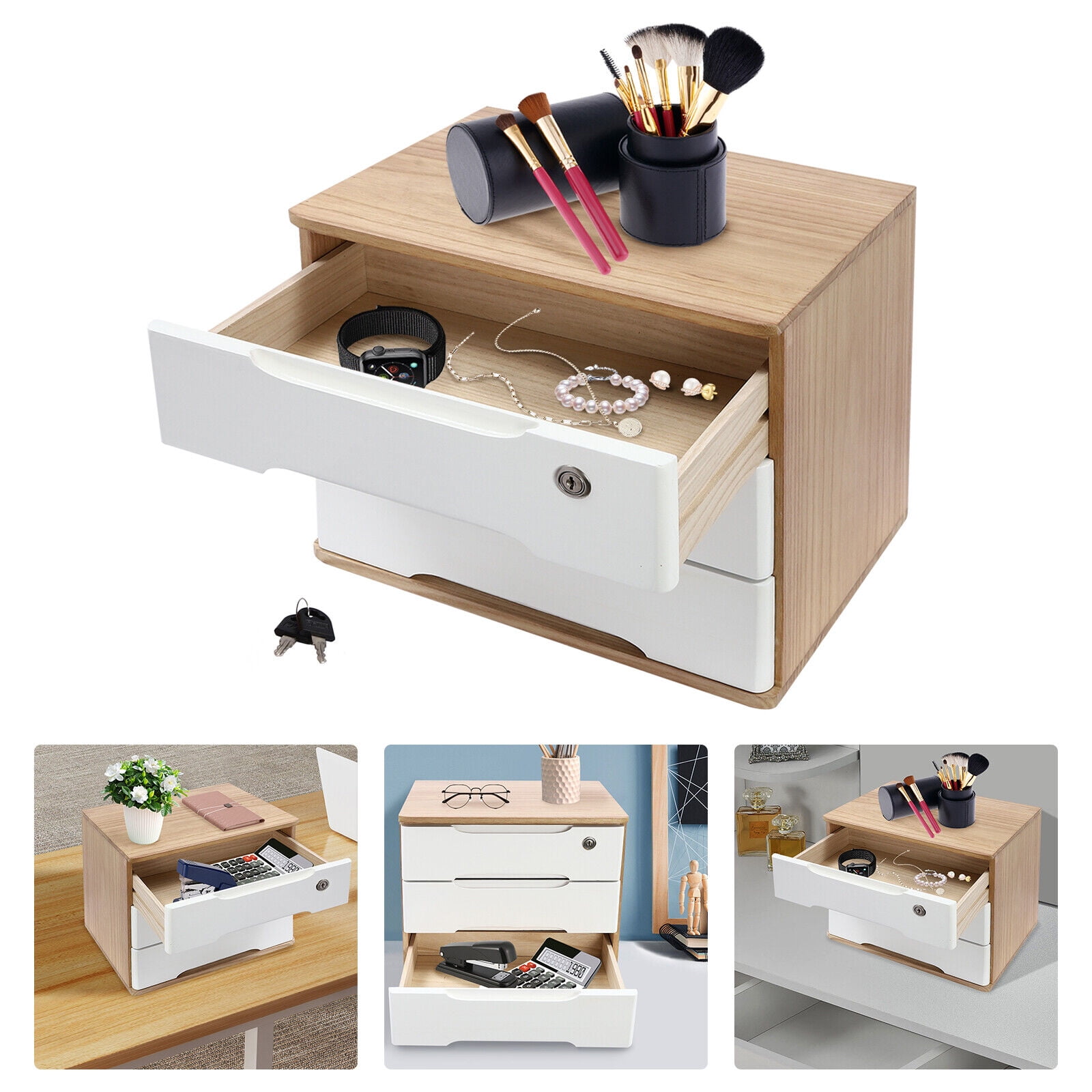 TFCFL 3 Tier Drawers Organizer Wooden Desktop Storage Box w/ Lockable ...