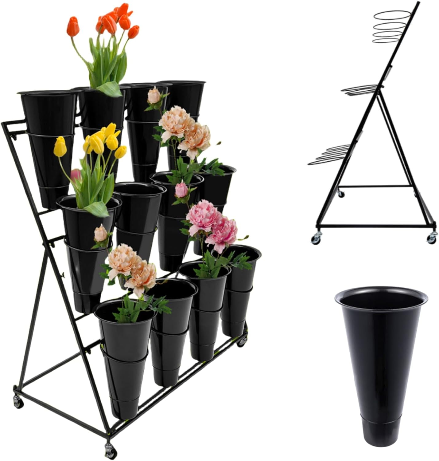 TFCFL 3-Tier Flower Display Stand with 12 Buckets, Black Movable Stand ...
