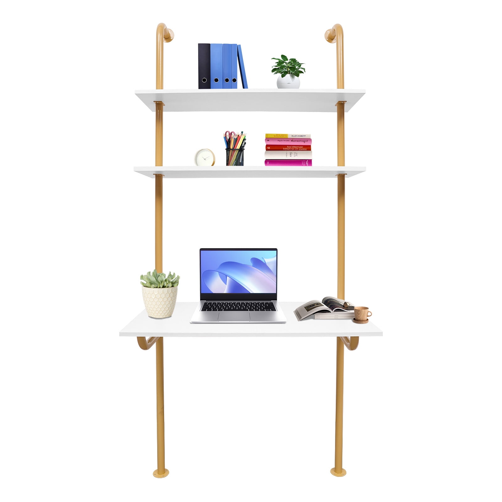 TFCFL 3 Tier Gold Wall Mounted Computer Desk Workstation Storage Shelf ...