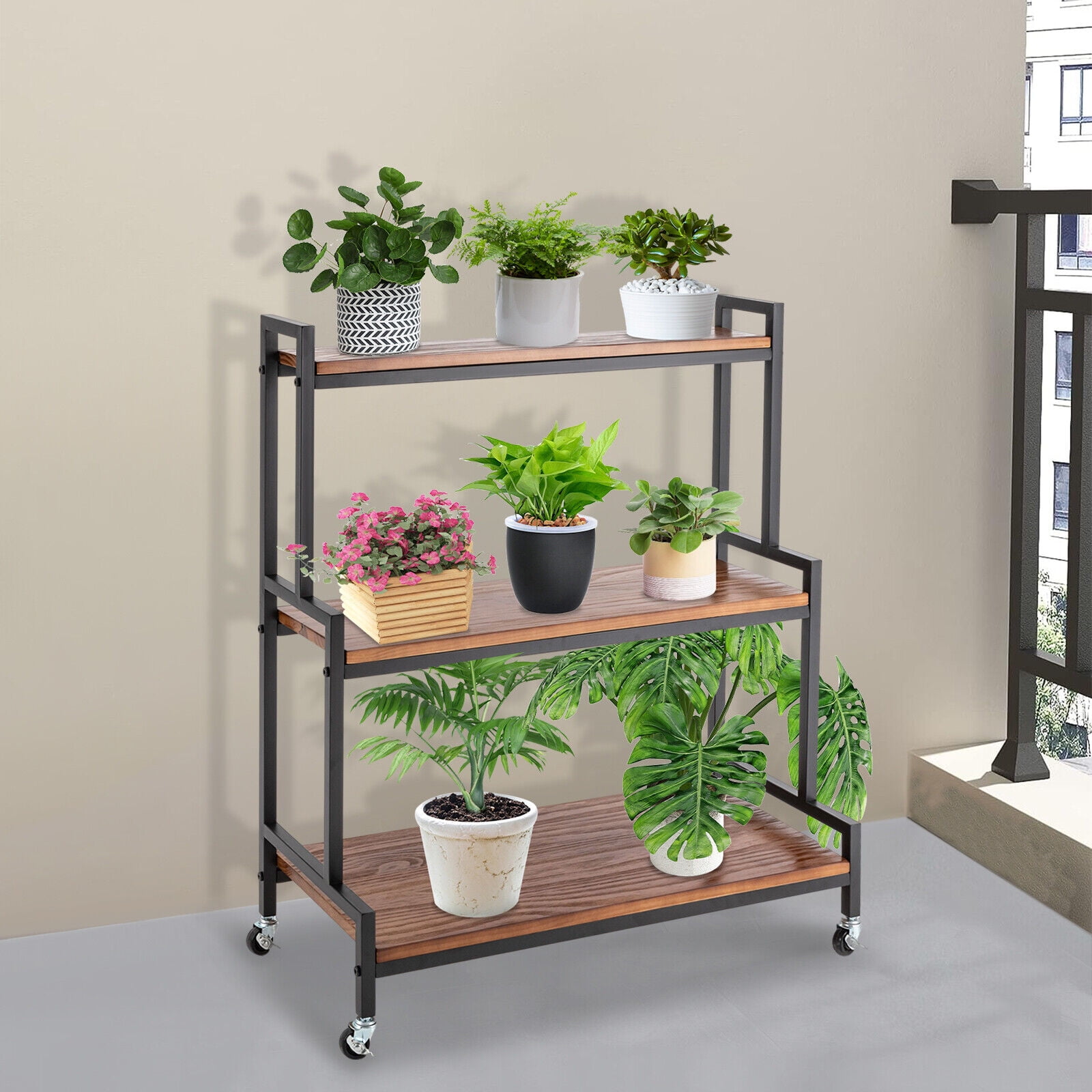 TFCFL 3 Tier Rustic Plant Stand with Wheels Rolling Plant Shelves Rack ...