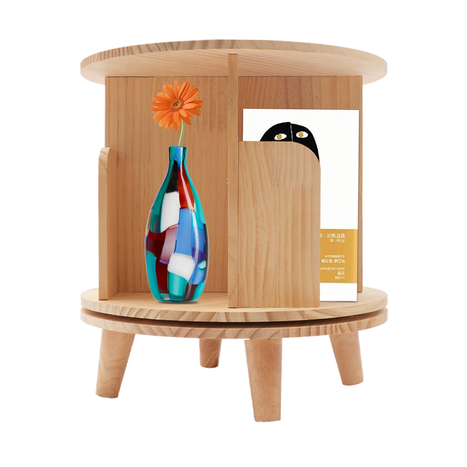 TFCFL 360° Rotating Bookshelf Cylindrical Wood Bookcase Storage Shelf ...