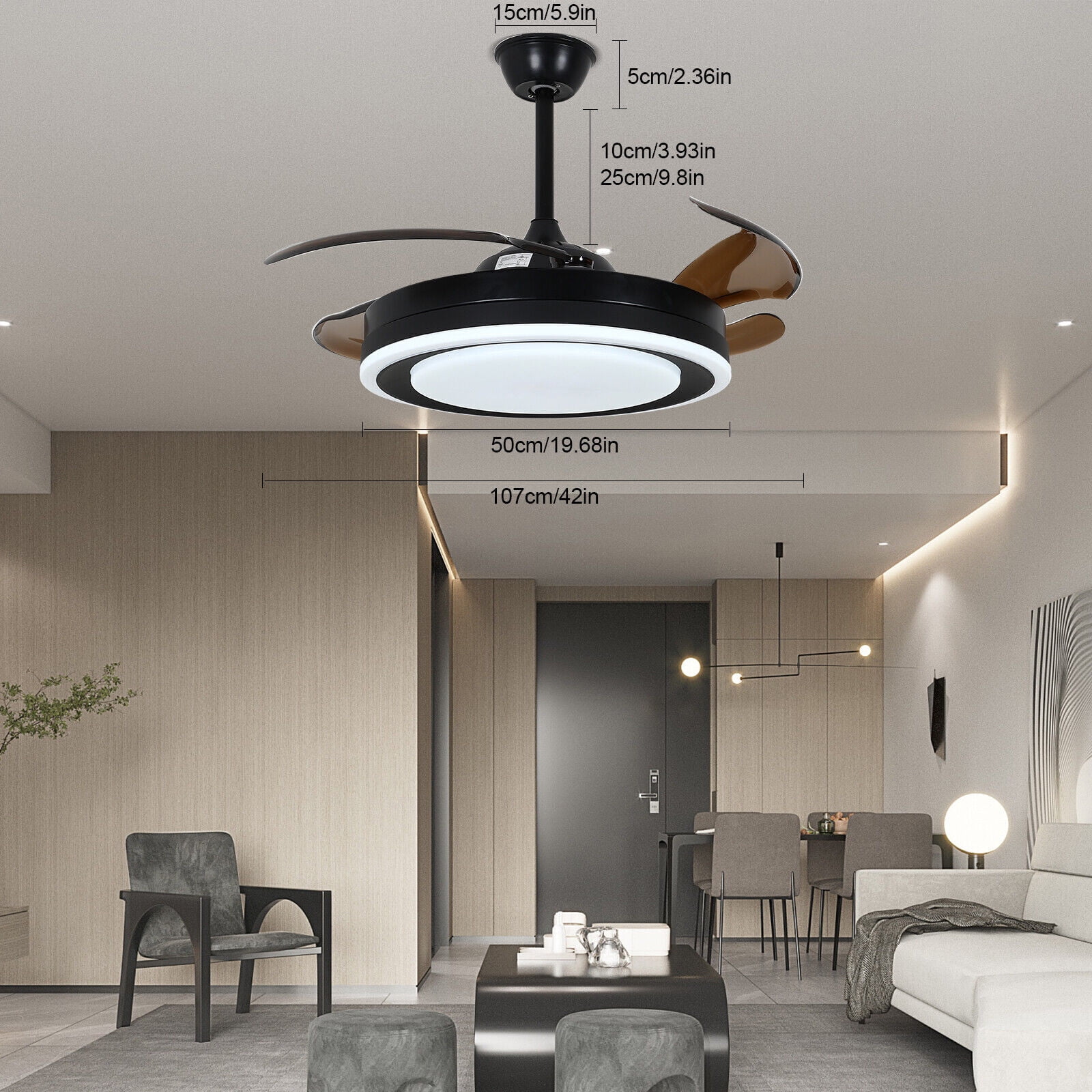 TFCFL 42'' Modern Invisible Ceiling Fan Light Retractable Fan ...