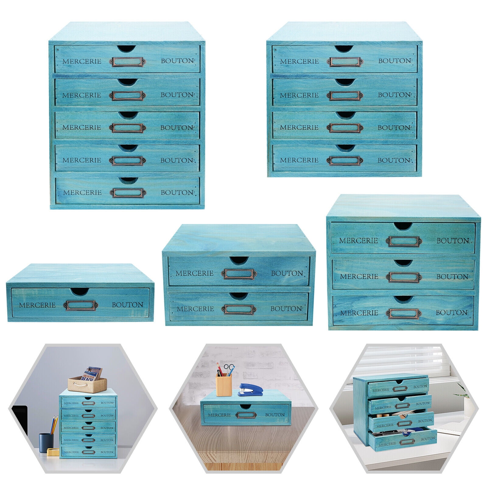 TFCFL 5pcs Pine Wood Desktop Drawers Set 15 Drawers Vintage Tabletop ...