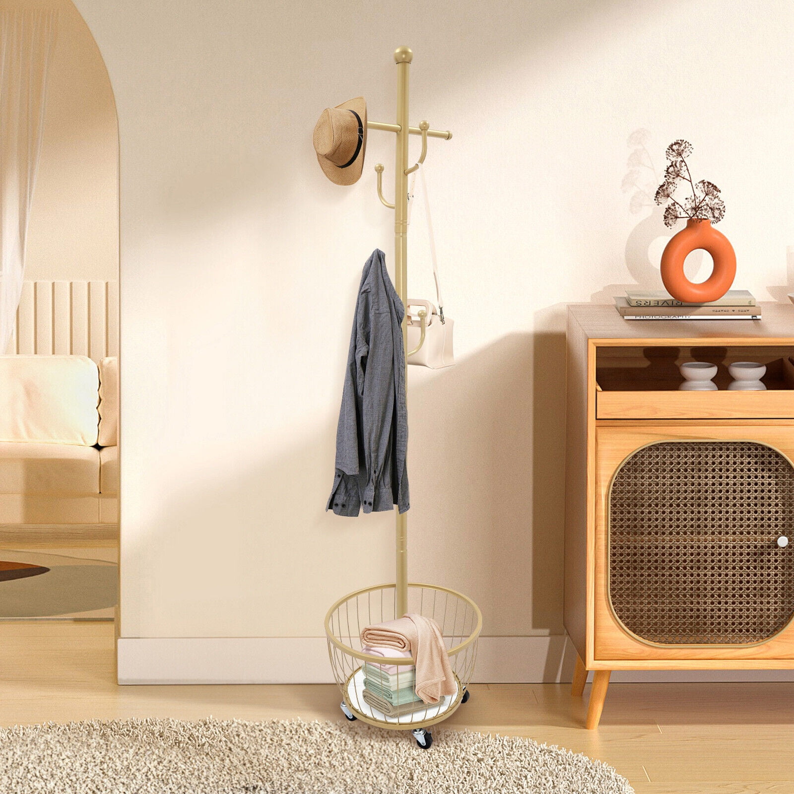 TFCFL 6 Hooks Coat Hanger Stand with Storage Basket & Wheels Entryway ...