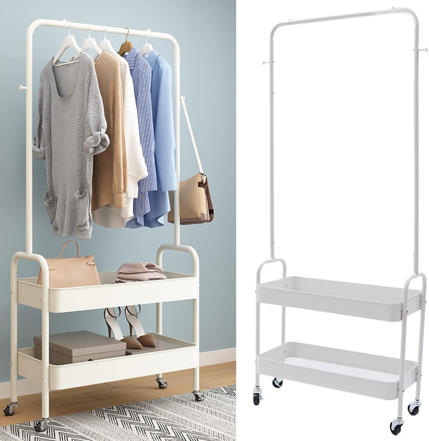 TFCFL Clothing Rack with Storage Mesh Shelf & Casters, Portable Garment ...