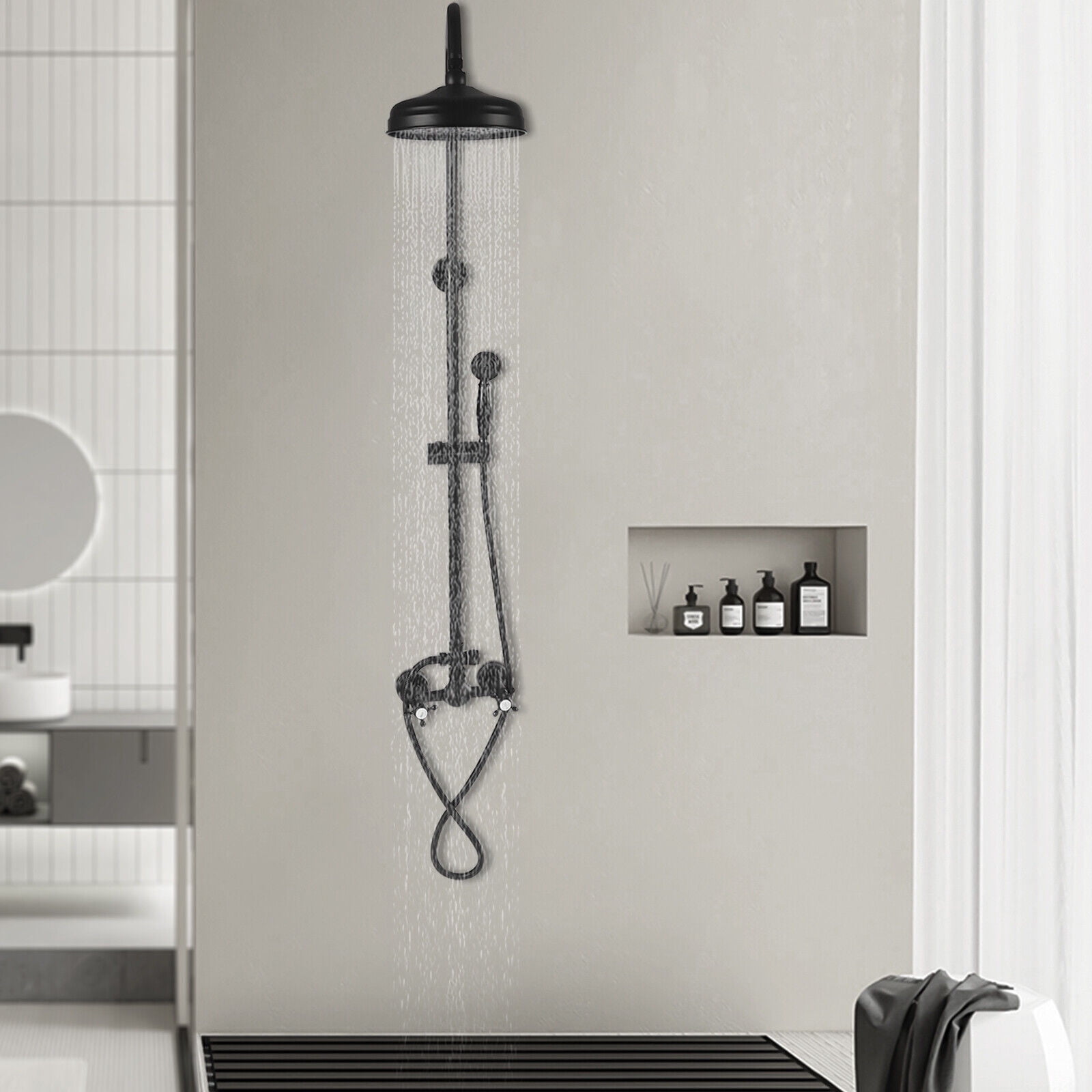 TFCFL Matte Black Exposed Shower Faucet Set 8 In Rain Hand Shower Mixer ...