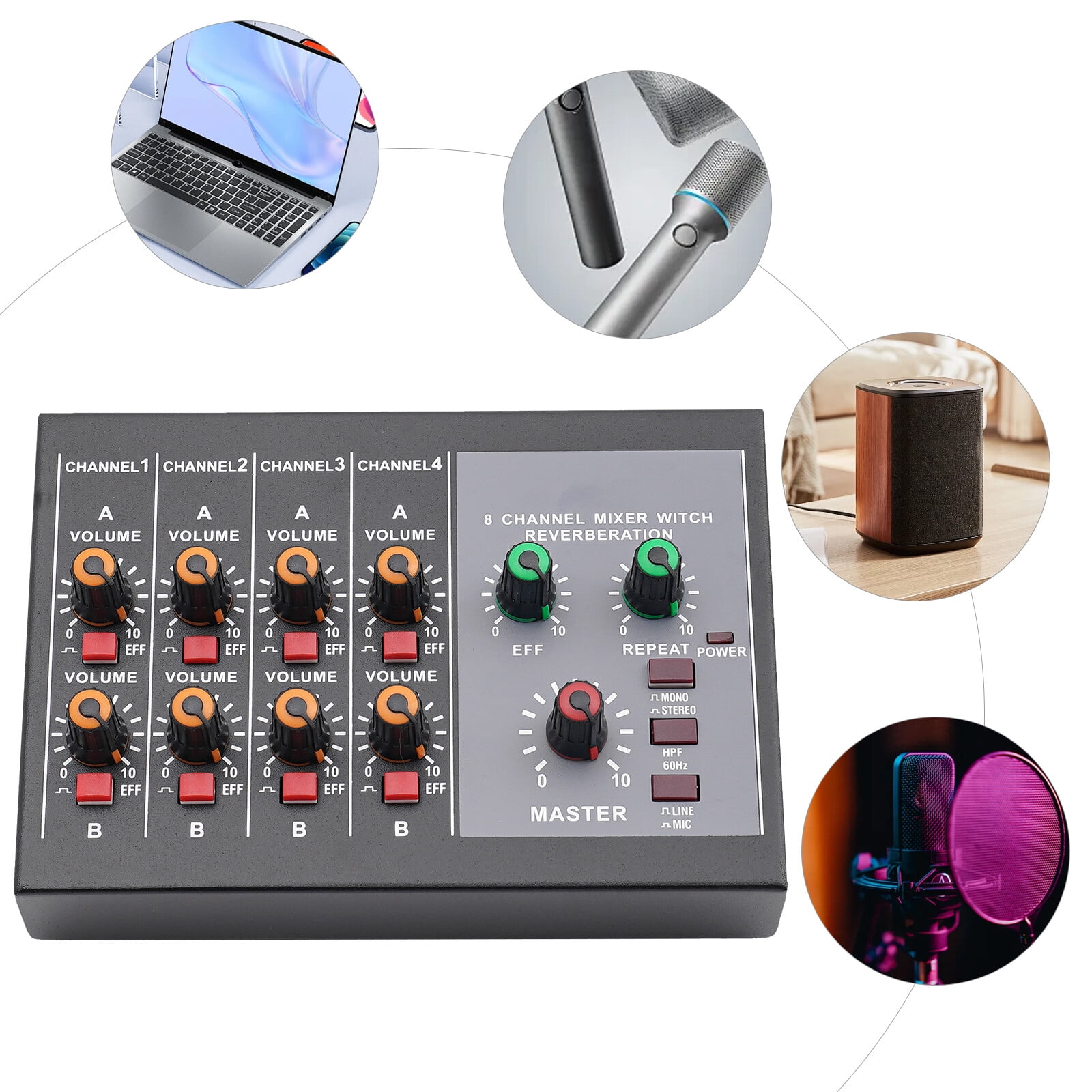 TFCFL Professional Audio Mixer 8-Channel Stereo Sound Board Microphone ...