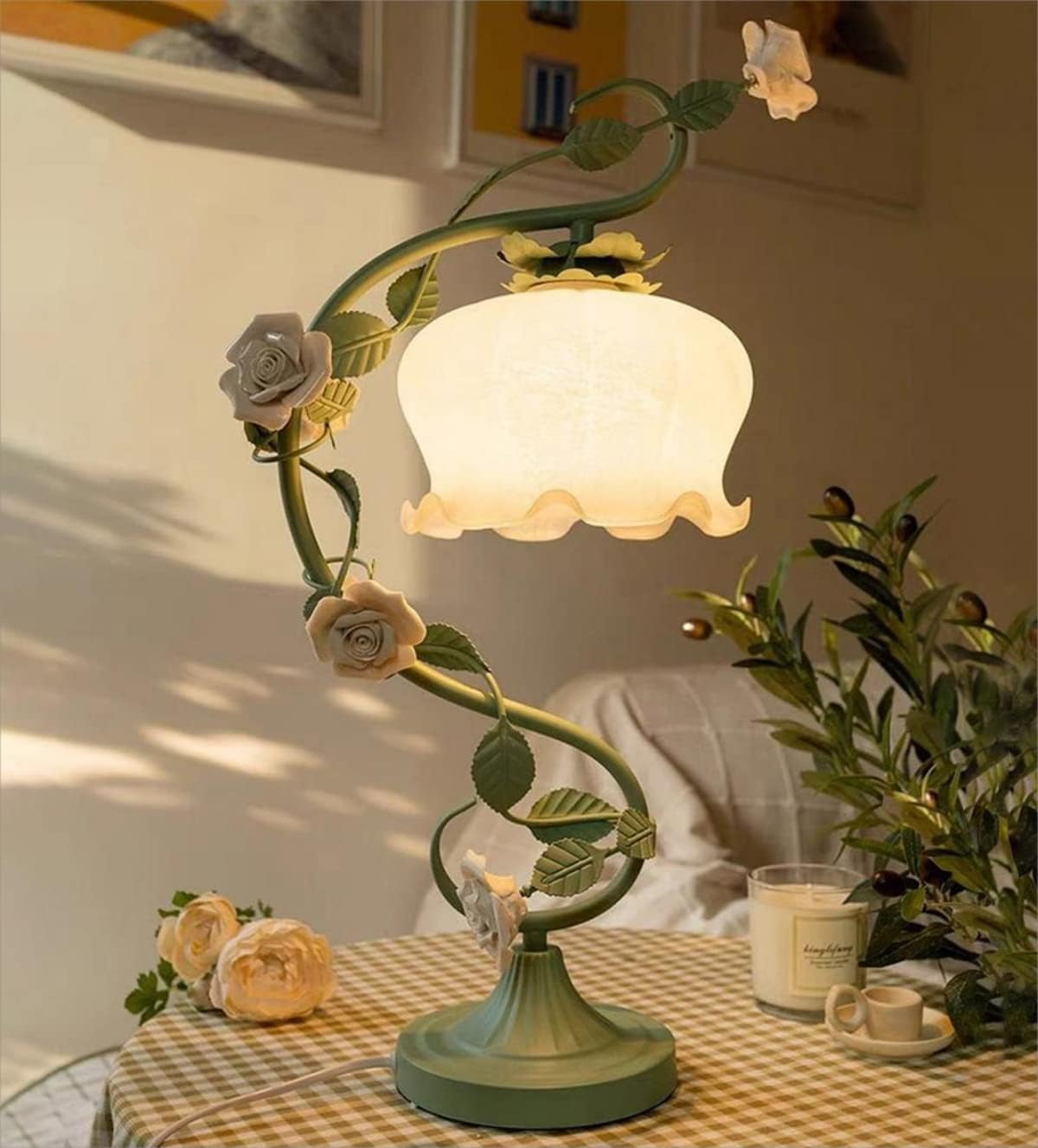 TFCFL Rose Flower Table Lamp for Bedroom, Stained Glass Desk Lamp ...