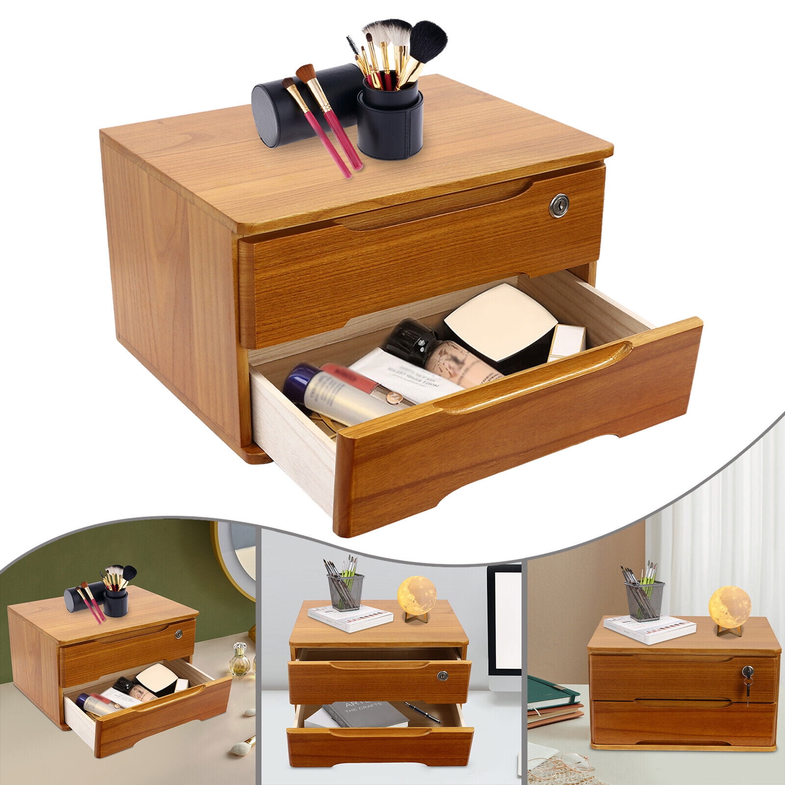 TFCFL Wooden Desktop Storage Box with Lockable Drawers 2 Tiers Tabletop ...