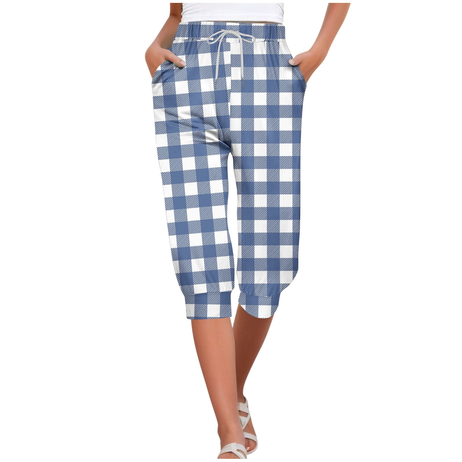 TFEOQRY Capris Pants for Women Grid Printed Drawstring Tied Cropped ...