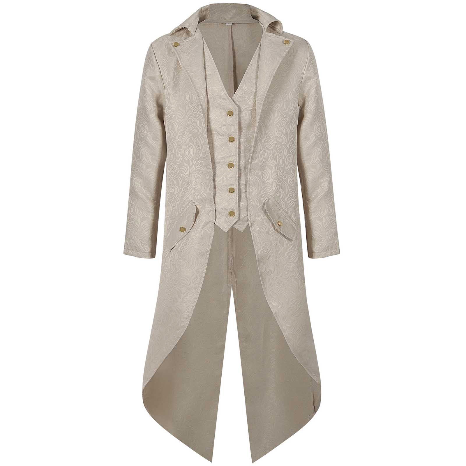 TFEOQRY Men's Gothic Steampunk Tailcoat Long Trench Frock Coat Beige ...