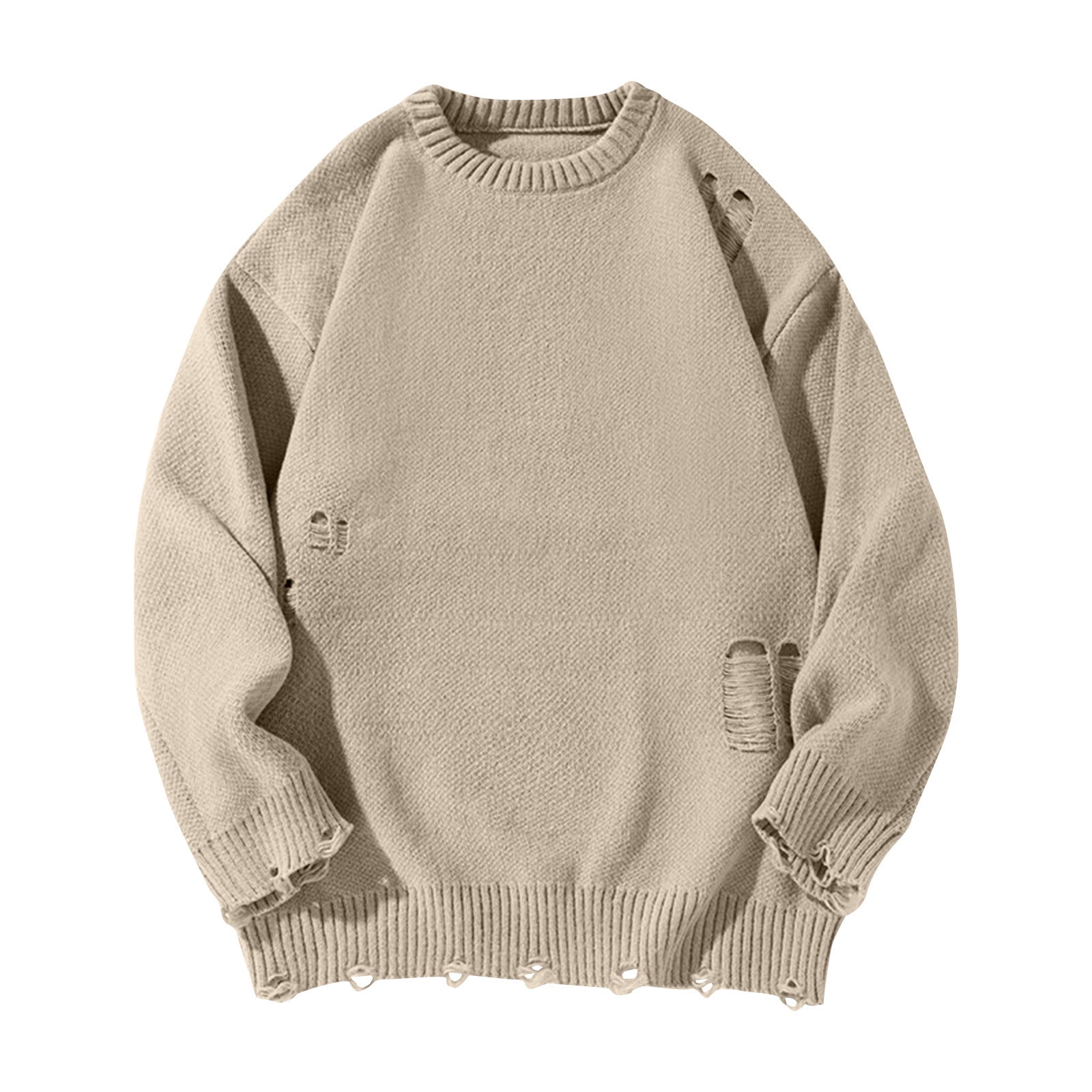 TFEOQRY Men's Ripped Hole Sweater Crewneck Solid Frayed Edge Knitted ...