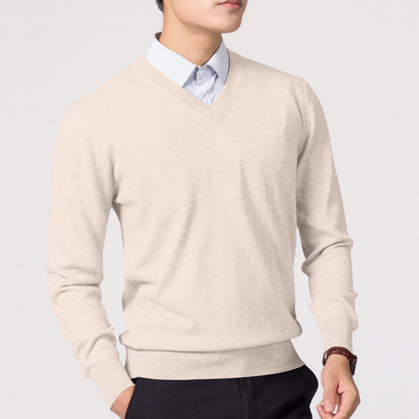 TFEOQRY Men's V-Neck Sweater Long Sleeve Pullover Solid Color Knitted ...