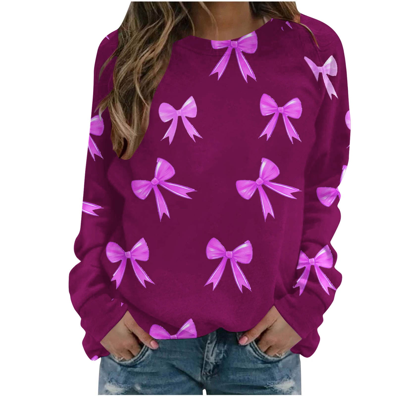 TFEOQRY Women's Bow Print T Shirt Crew Neck Long Sleeve Casual Loose ...