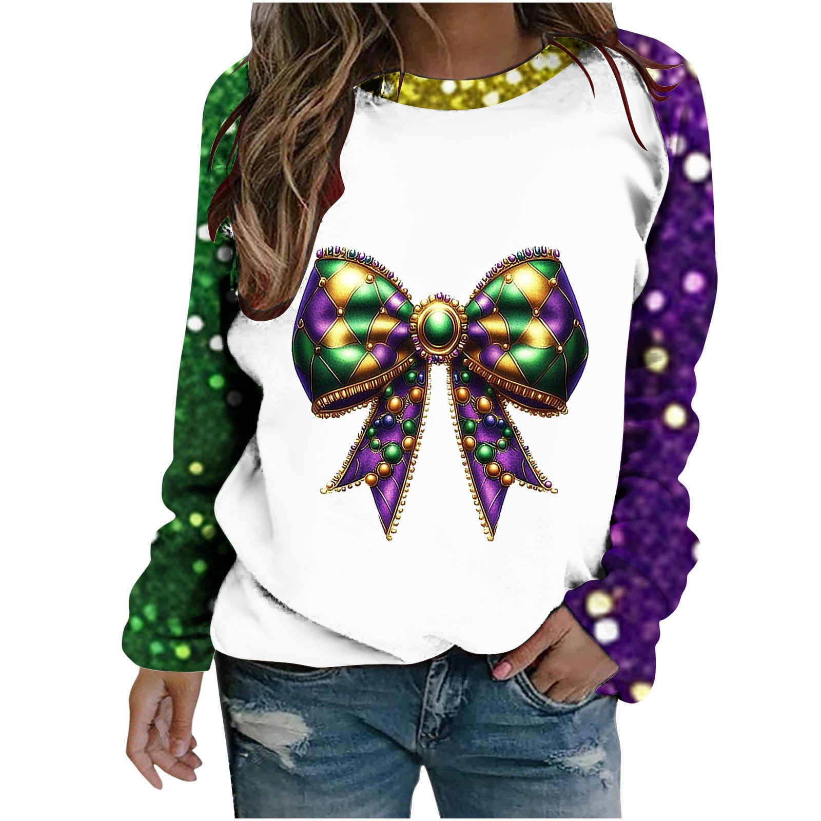 TFEOQRY Women's Mardi Gras Bow Print Sweatshirt Crew Neck Raglan Long ...