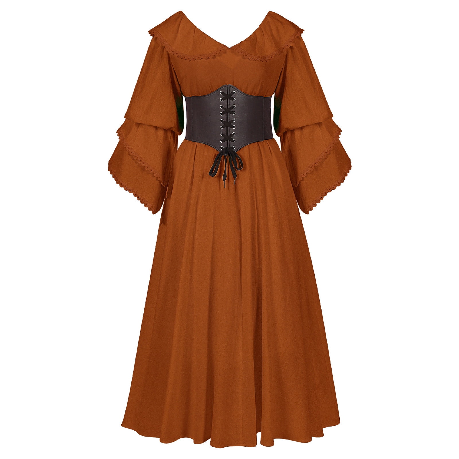 TFEOQRY Women's Renaissance Dress Set Ruffle Corset Belted Waist Maxi ...